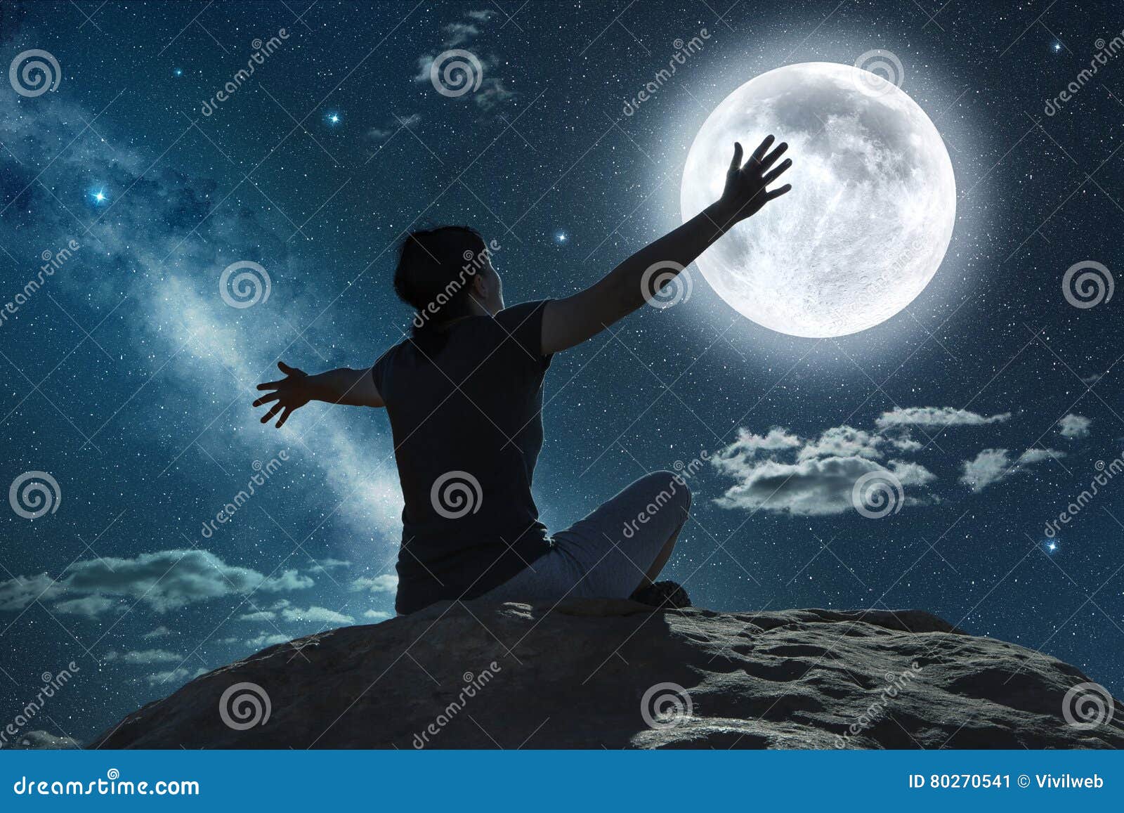 Woman with Raised Arms in Front of the Moon Stock Image - Image of ...