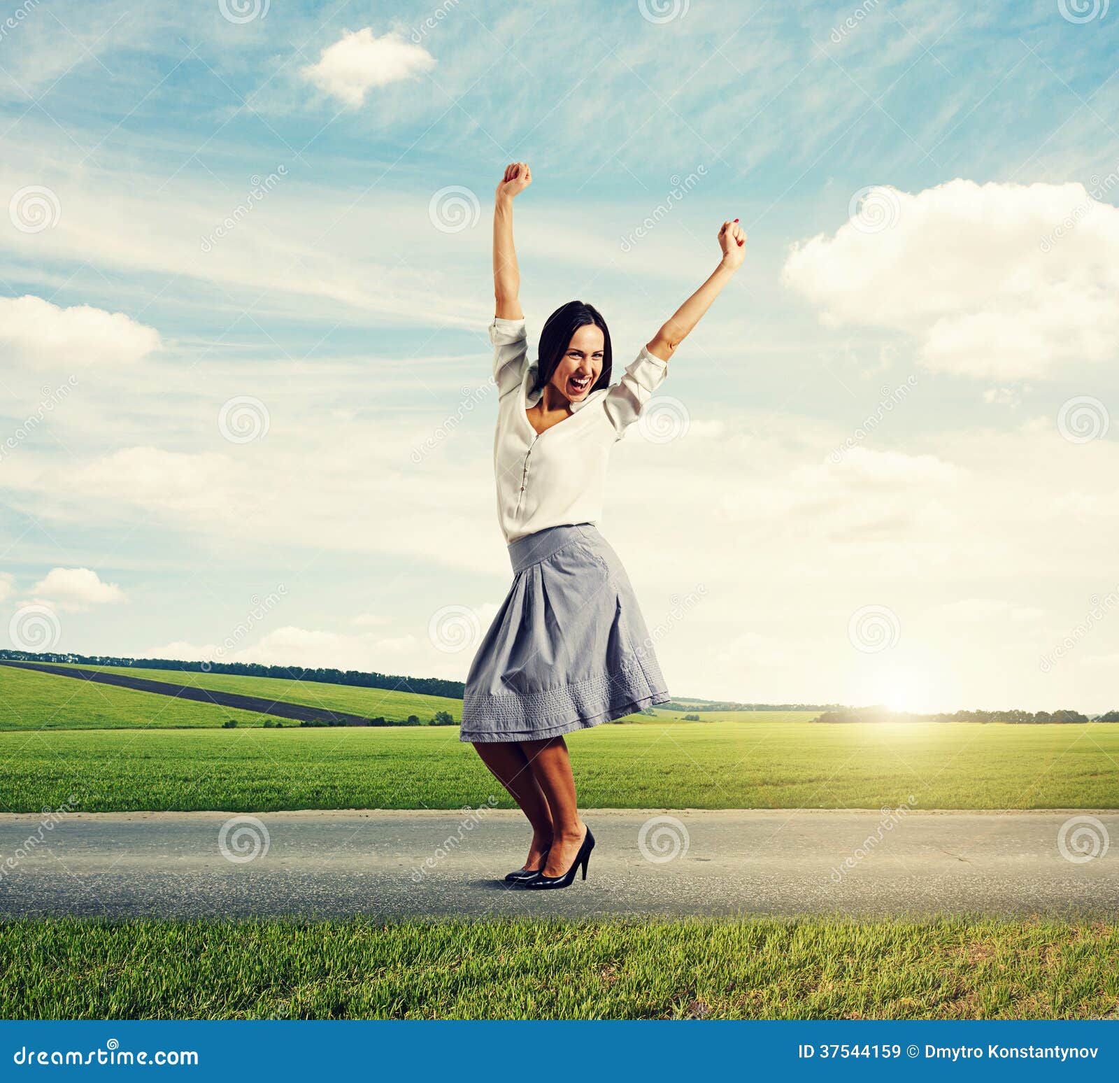 Woman Raising Hands Up and Smiling Stock Image - Image of businesswoman ...