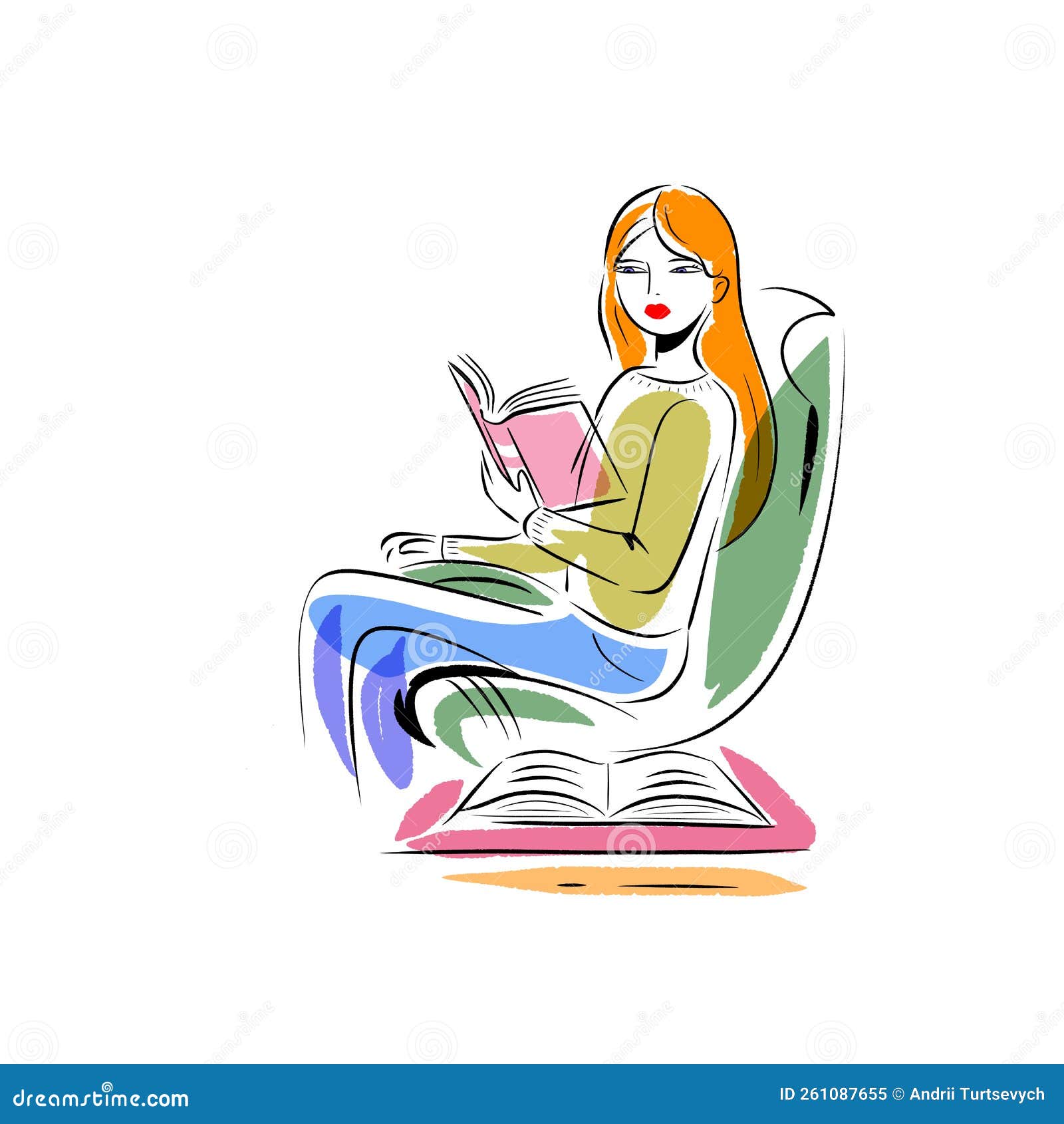 Woman Reading a Book in Armchair, Minimalist Cartoon Style Stock ... Woman Reading a Book in Armchair, Minimalist Cartoon Style Stock ...