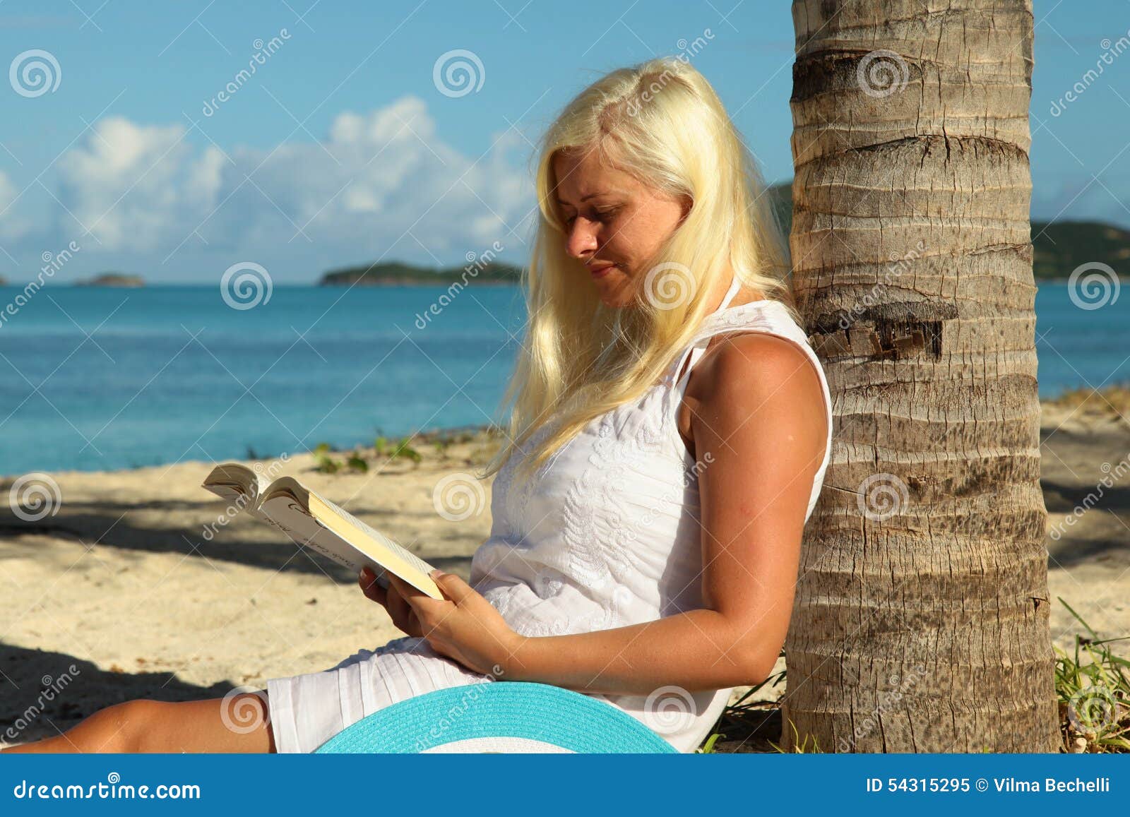 Woman Reading Book on the Beach Stock Image - Image of climate, dress ...