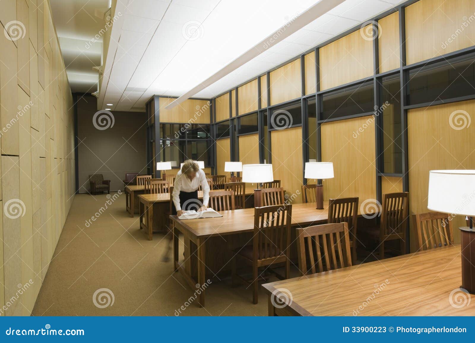 Woman Reading Book in Empty Library Stock Image - Image of silence ...