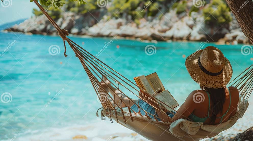 Woman Reading Book on Hammock at Beach Under Palm Trees, Feeling Calm ... Woman Reading Book on Hammock at Beach Under Palm Trees, Feeling Calm ...