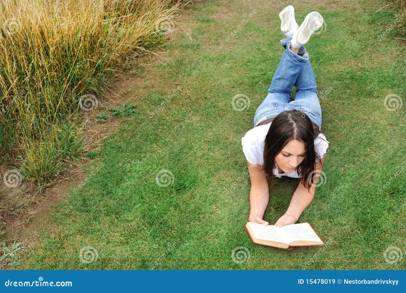 Woman Reading a Book on Lawn Stock Image - Image of female, young: 15478019