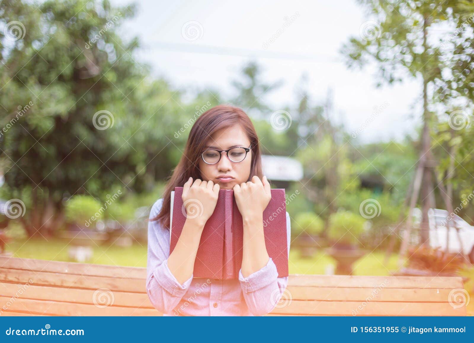 Woman Reading Book on Park Bench. Stock Image - Image of holding, happy ...