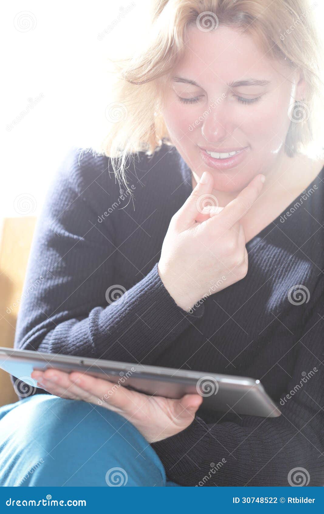 Woman is Reading on Computer Stock Photo - Image of nice, attractive ...