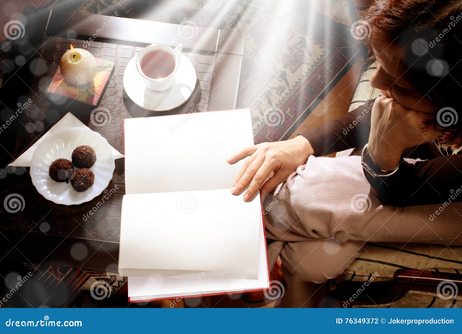 Woman reading indoor stock photo. Image of table, copy - 76349372