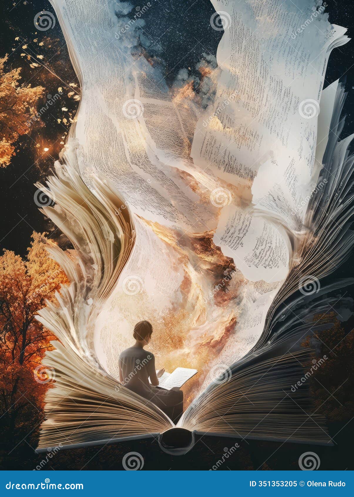 Woman Reading Inside Open Book with Universe Pages at Night Stock ...