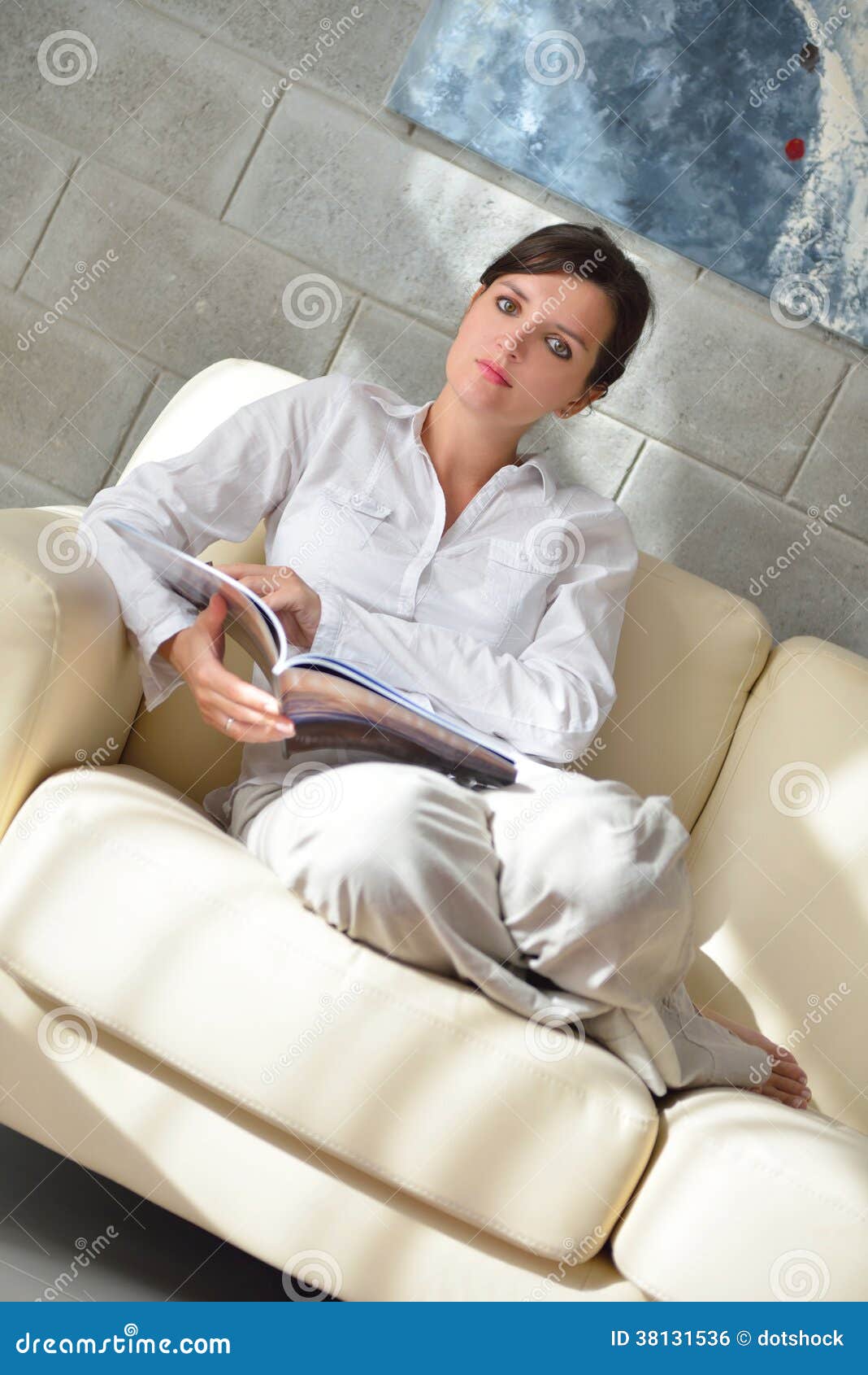Woman Reading Magazine at Home Stock Photo - Image of modern, interior ...