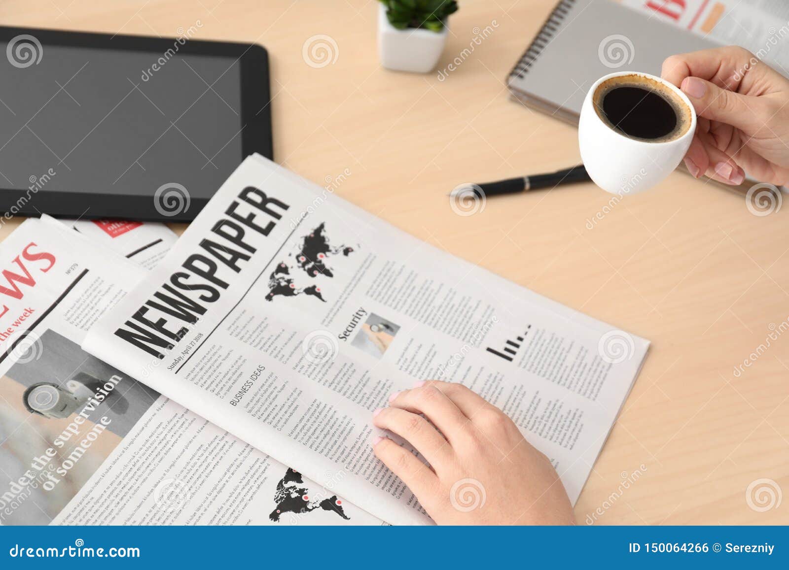 Woman Reading Morning Newspaper at Table Stock Photo - Image of ...