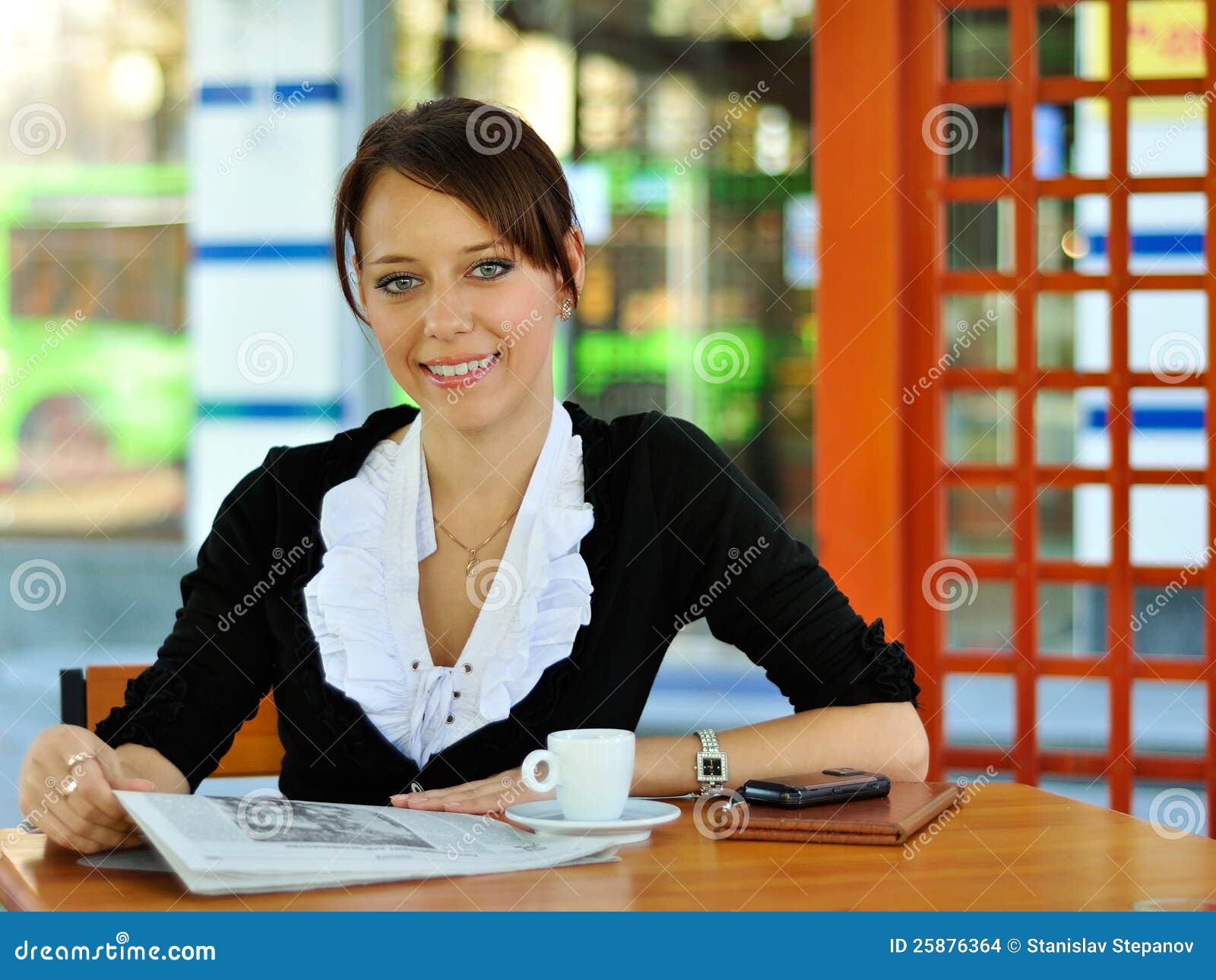 Woman Reading News at the Cafe Stock Photo - Image of sitting, smile ...