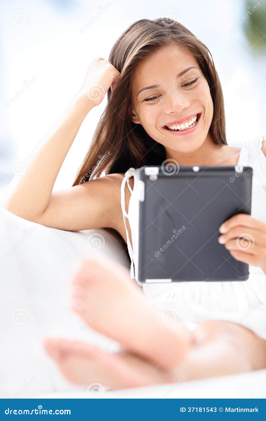Woman Reading on Tablet Computer - Smiling, Relax Stock Image - Image ...