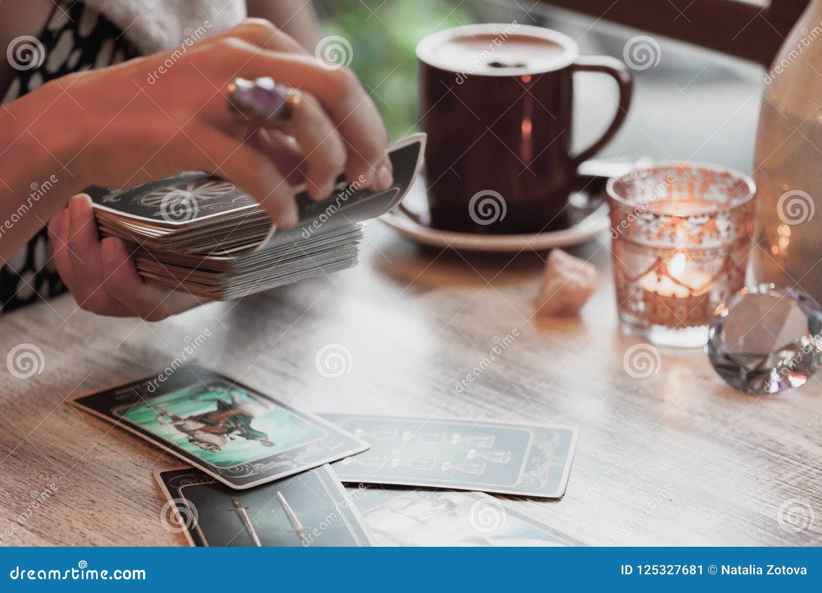 Woman is Reading Tarot Cards in Cafe Stock Image - Image of female ...