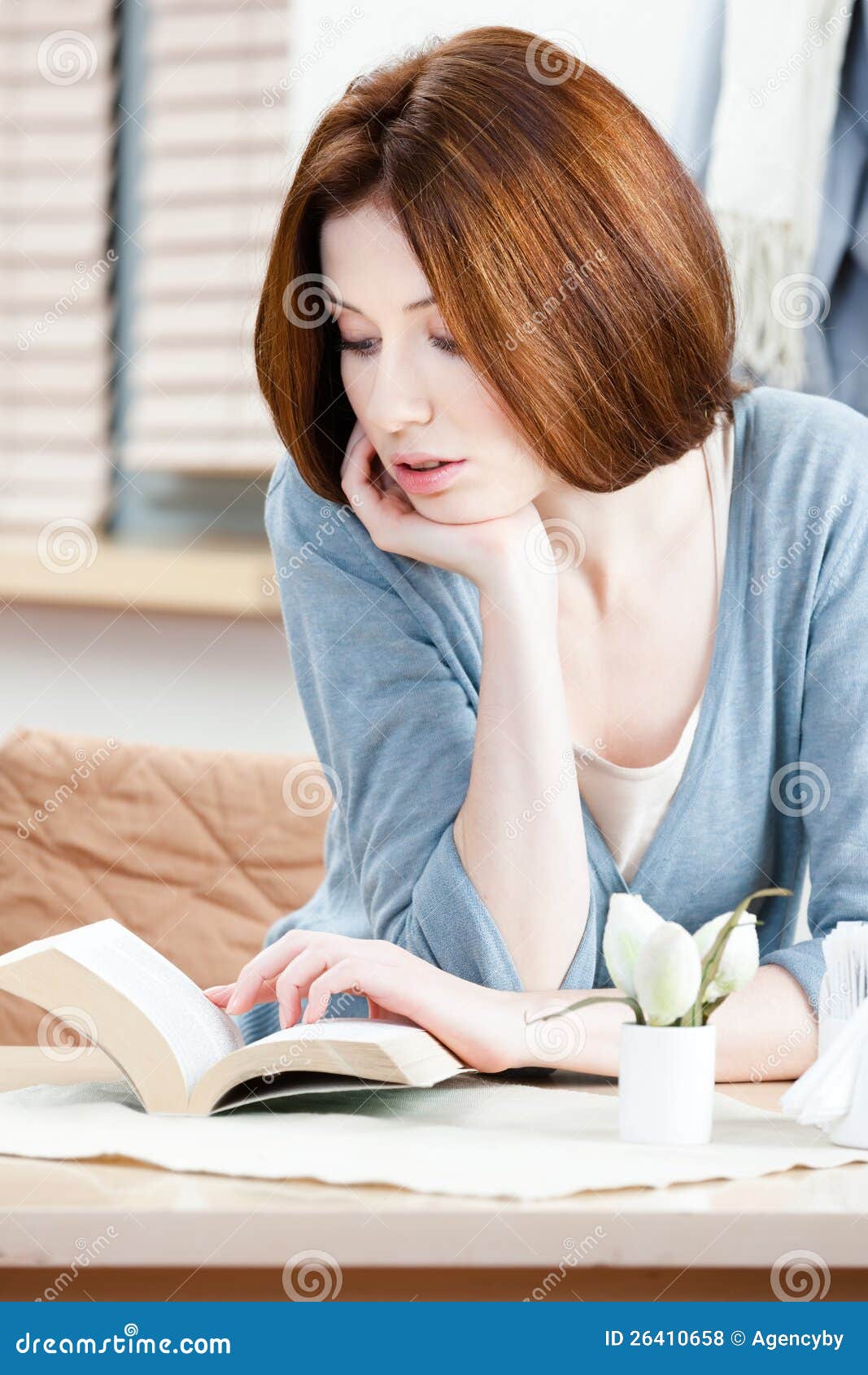 Woman Reads the Book at the Coffee House Stock Photo - Image of head ...