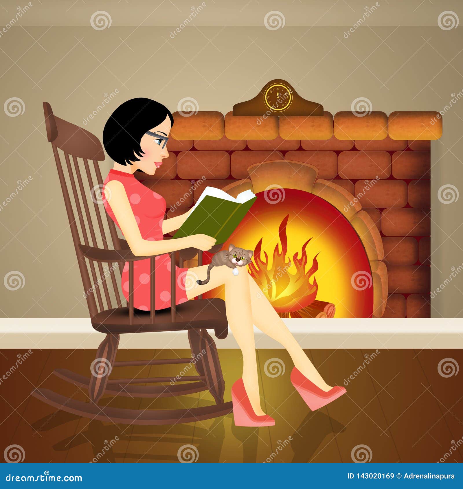 Woman Reads the Book in Front of the Fire Stock Illustration ...