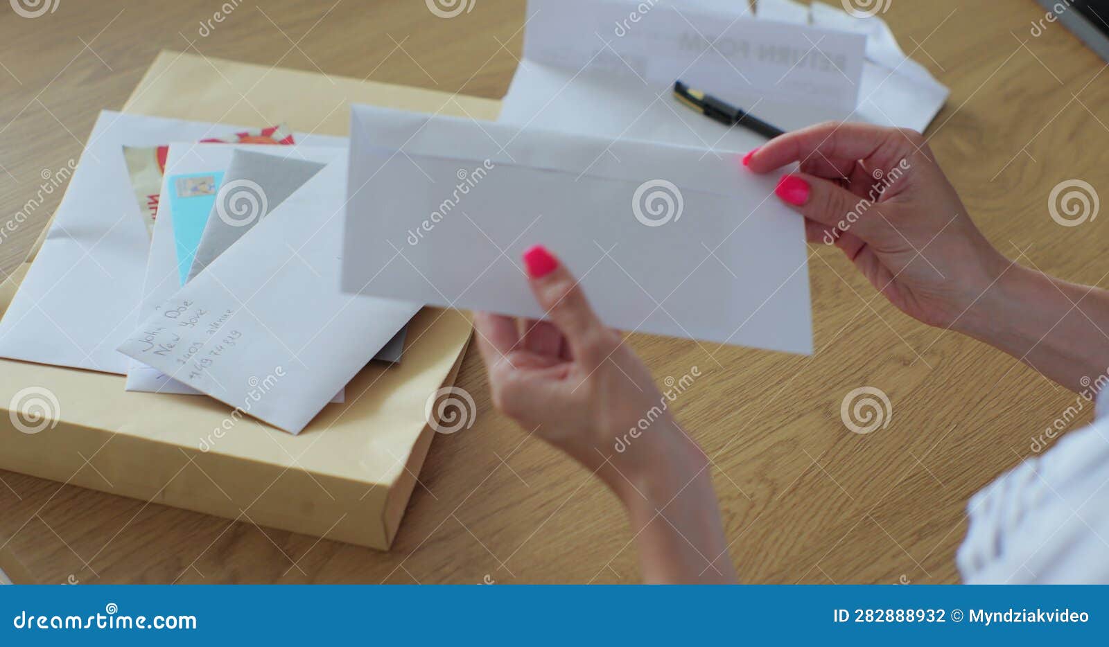 Woman Received a Letter with a Greeting Card. Close-up Woman Hands Pull ...
