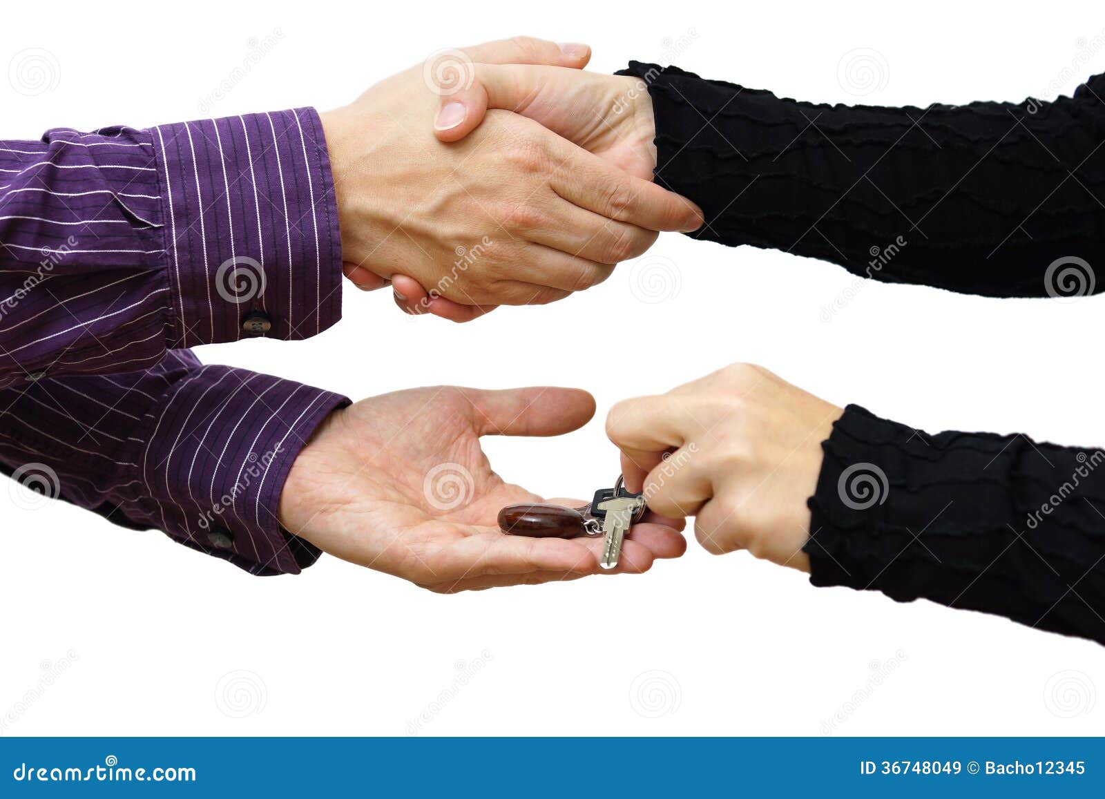 Woman Receiving a Handshake and a House Key at the Same Time Stock ...