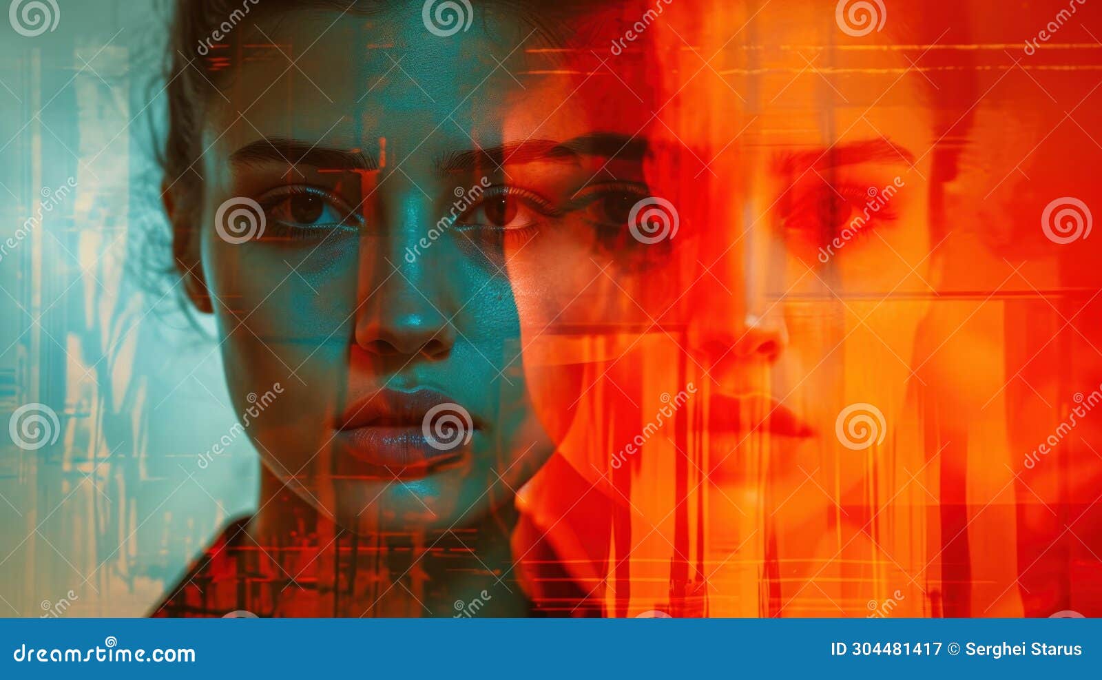 A Woman with a Red and Blue Face in Front of an Abstract Background, AI ...