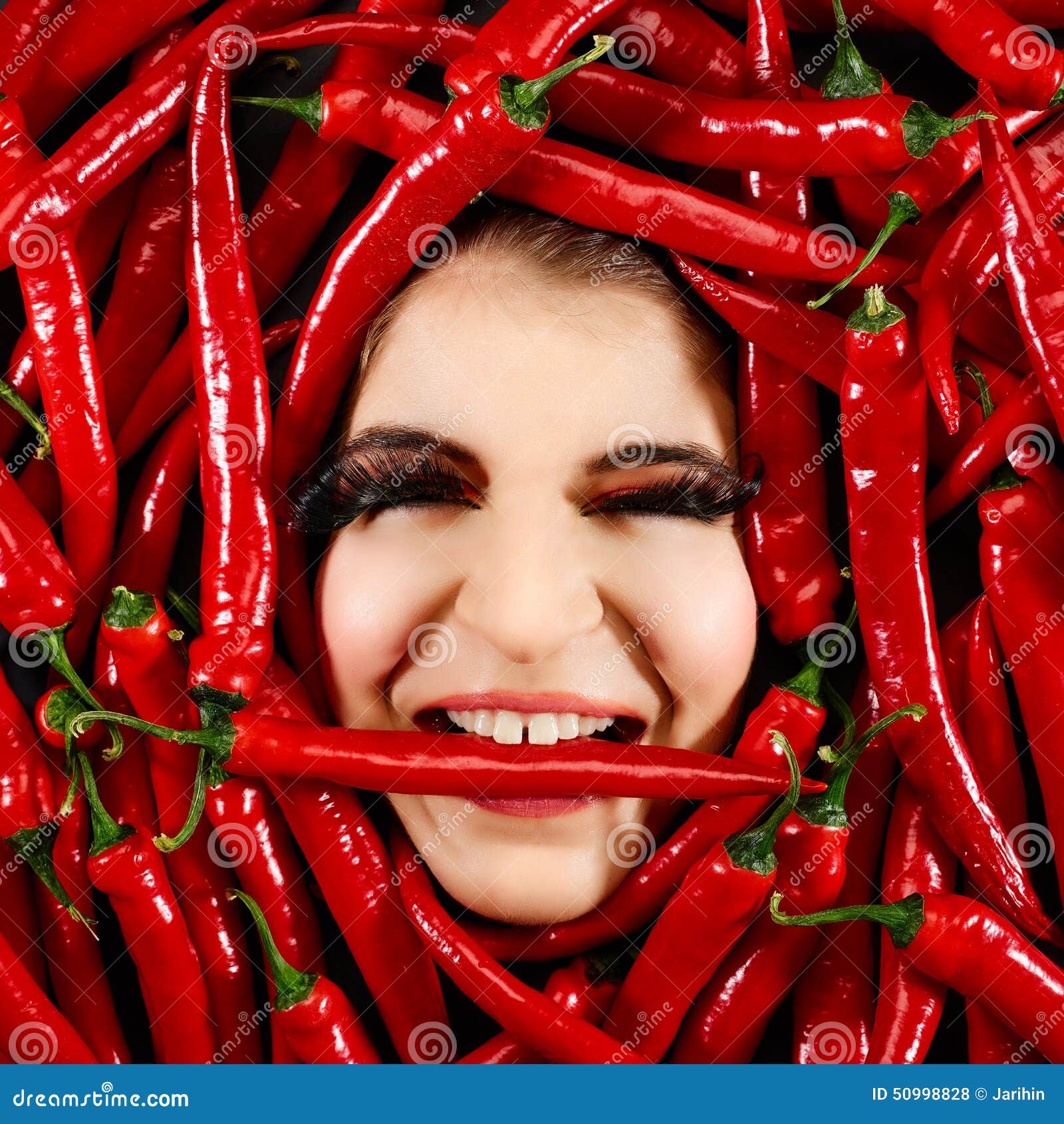 Woman and red chili pepper stock photo. Image of industry - 50998828