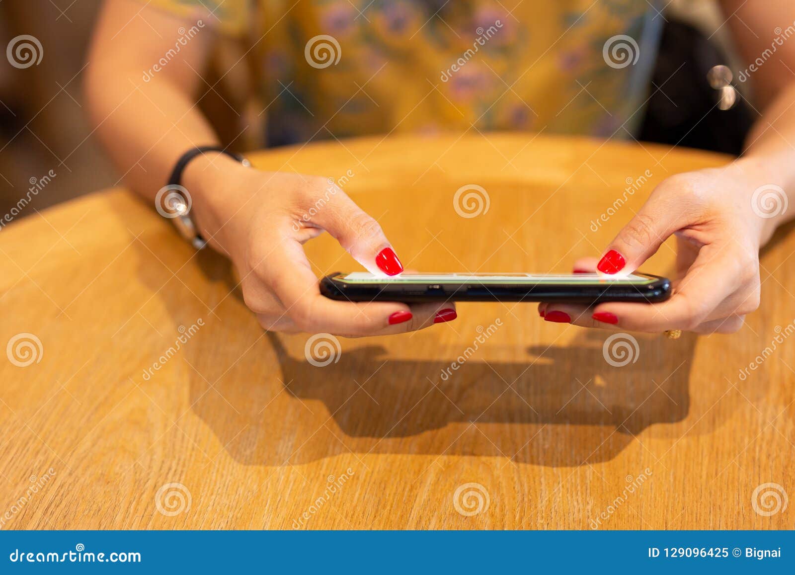 Woman with Red Color Nail Using Cell Phone. Stock Image - Image of ...