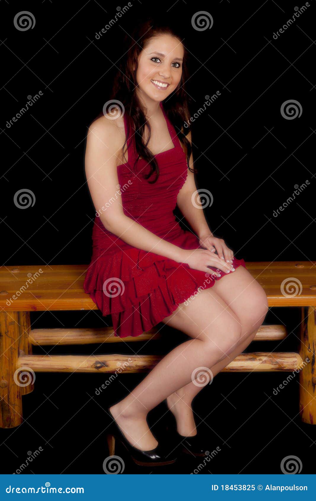 Woman Red Dress Bench Black Stock Image - Image of fashionable, female ...