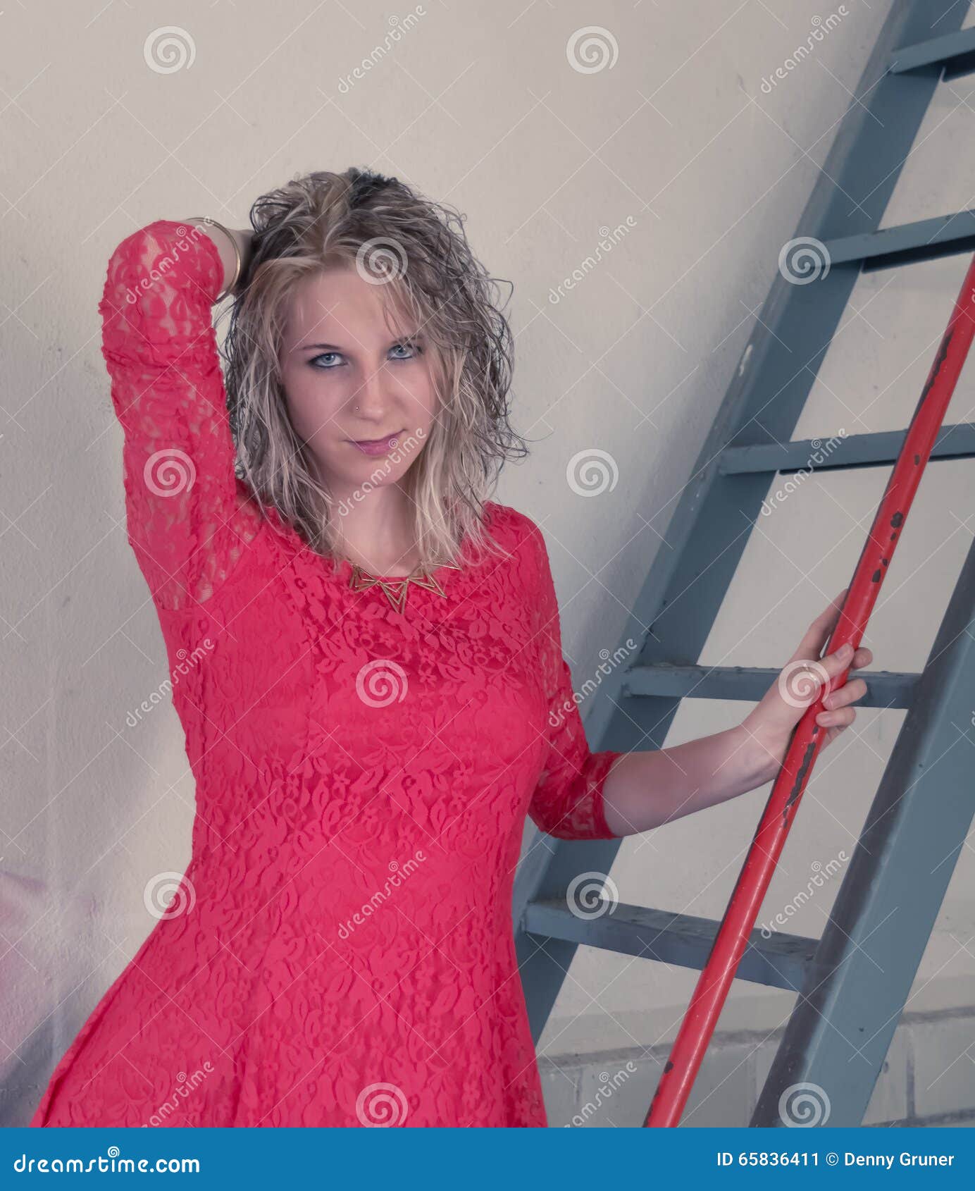 Woman with Red Dress on Ladder Stock Image - Image of ladder, happy ...