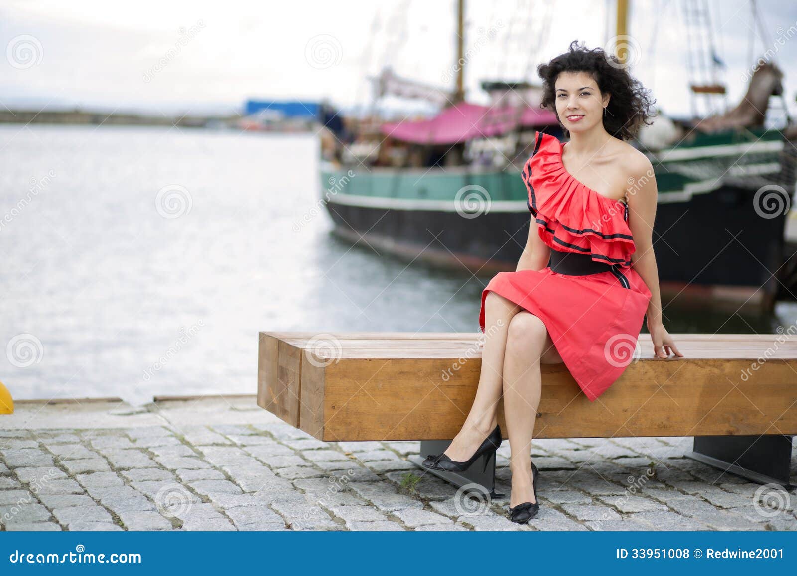 Woman in Red Dress Posing at Harbor Stock Photo - Image of posing ...