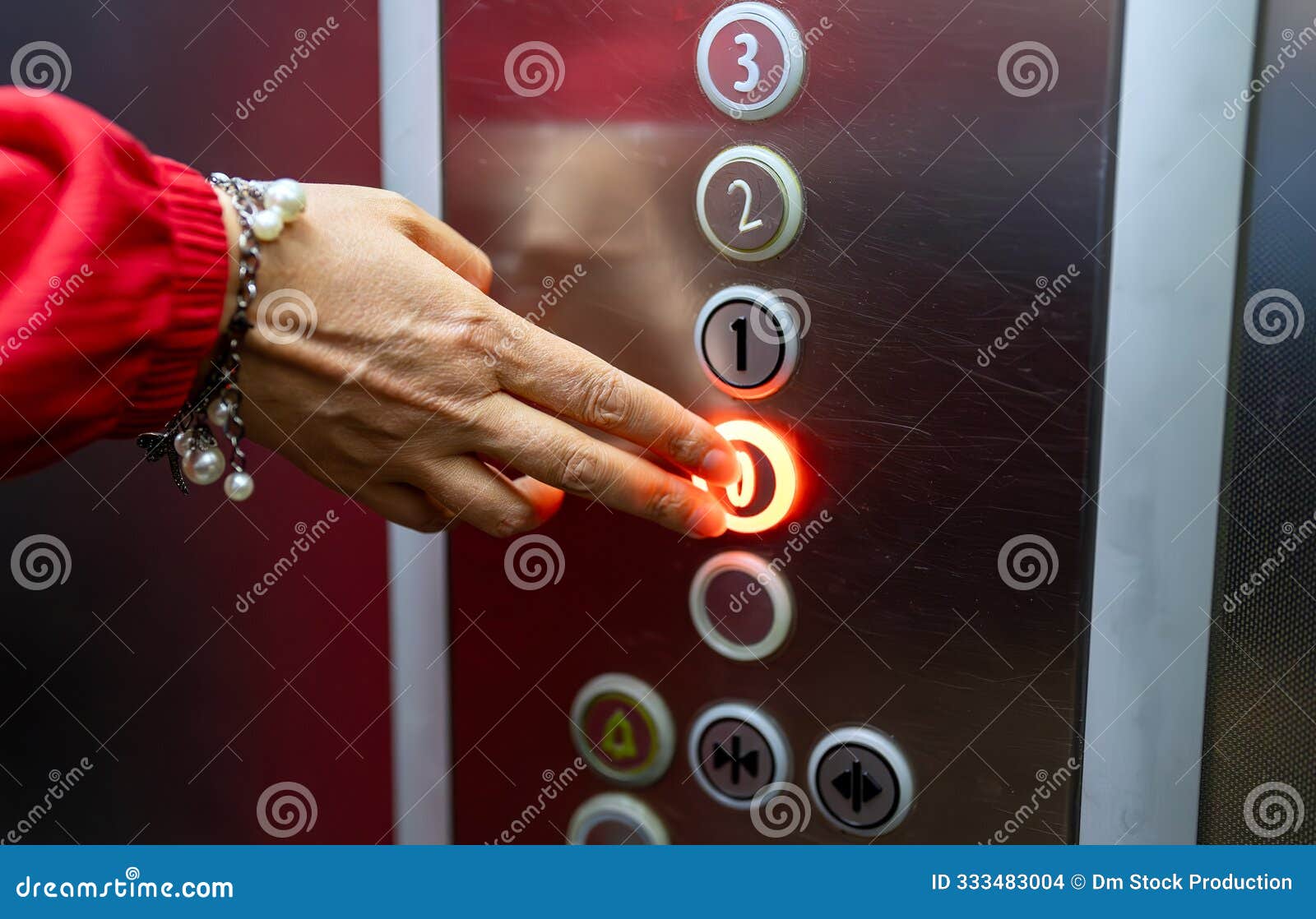 Woman in Red Dress Pressing Button Stock Photo - Image of cabin ...