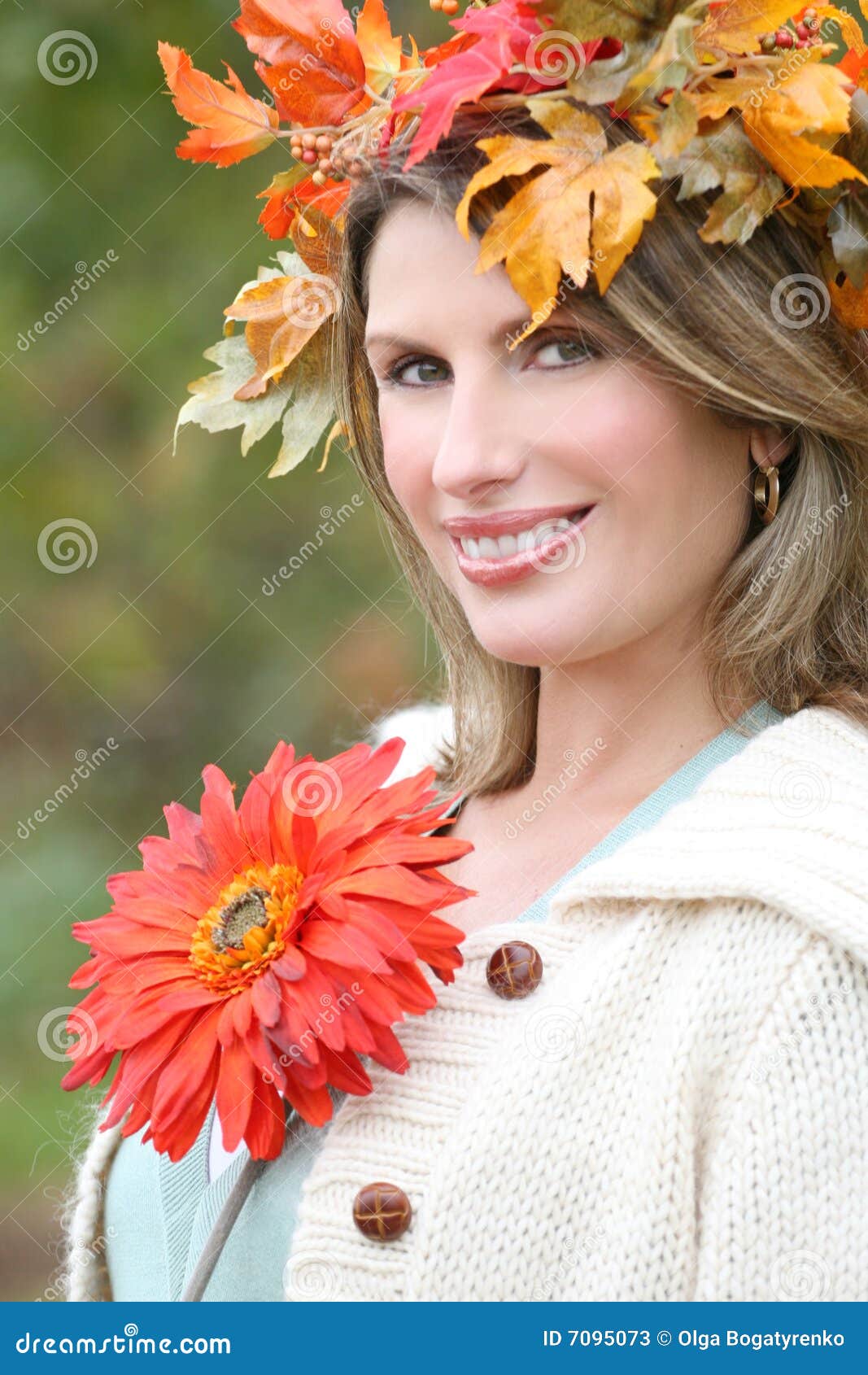 Woman with Red Flower and Fall Leaves Stock Image - Image of orange ...