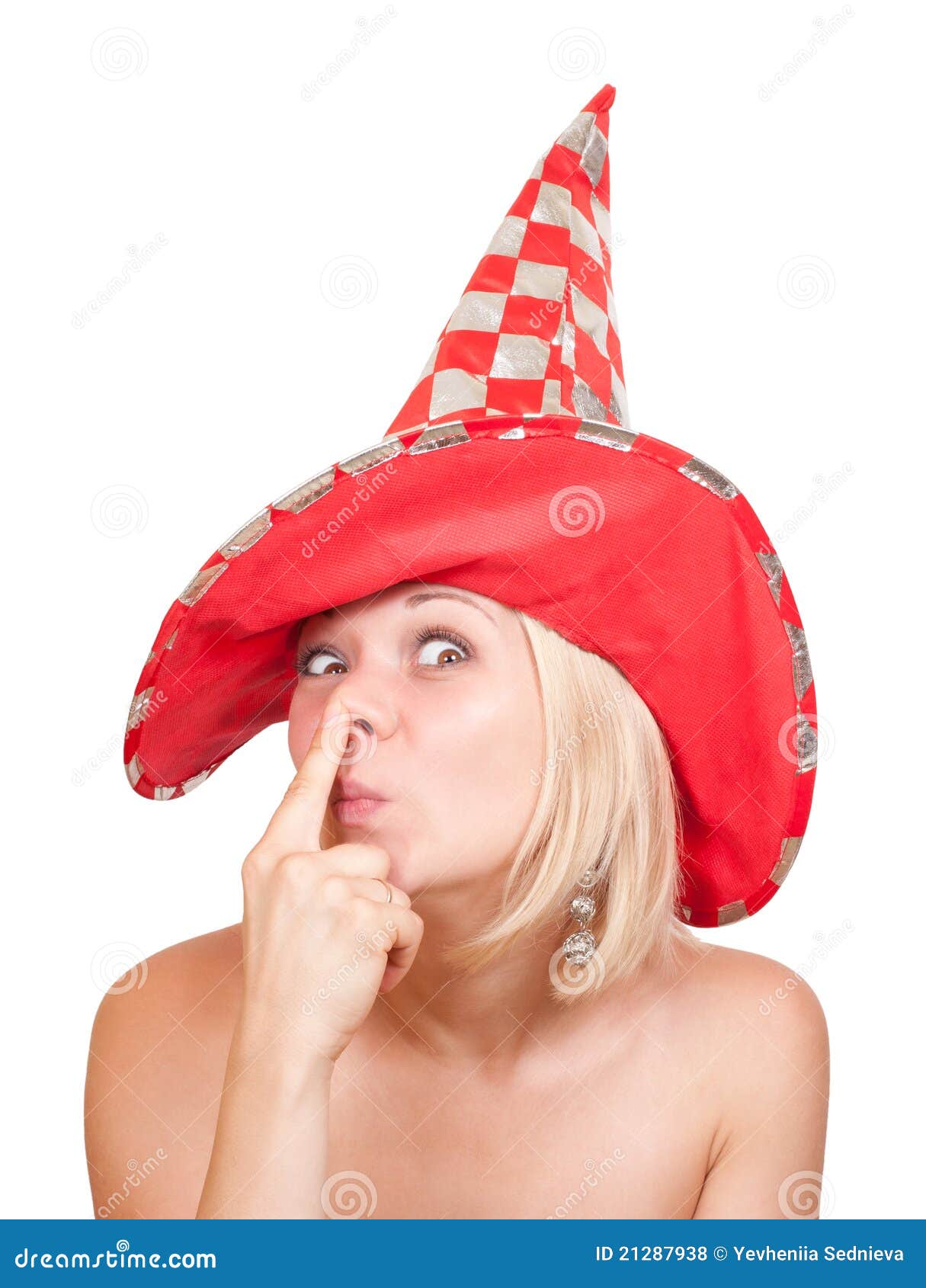 Woman in Red Hat Making a Funny Face on White Stock Photo - Image of ...