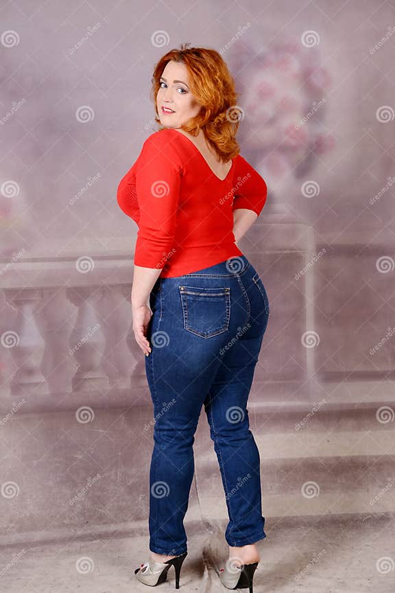 Woman With Red Jacket Standing On Bakground Woman Turned Her Back To The Camera Big Puffy