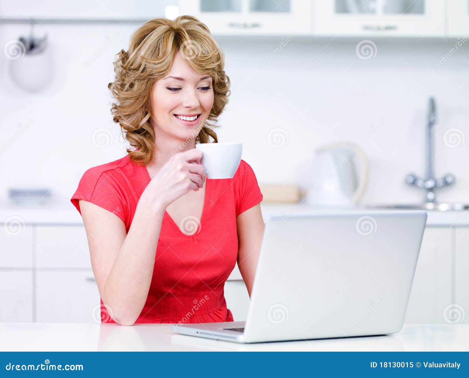 Woman in Red with Laptop Drinking Coffee Stock Image - Image of ...