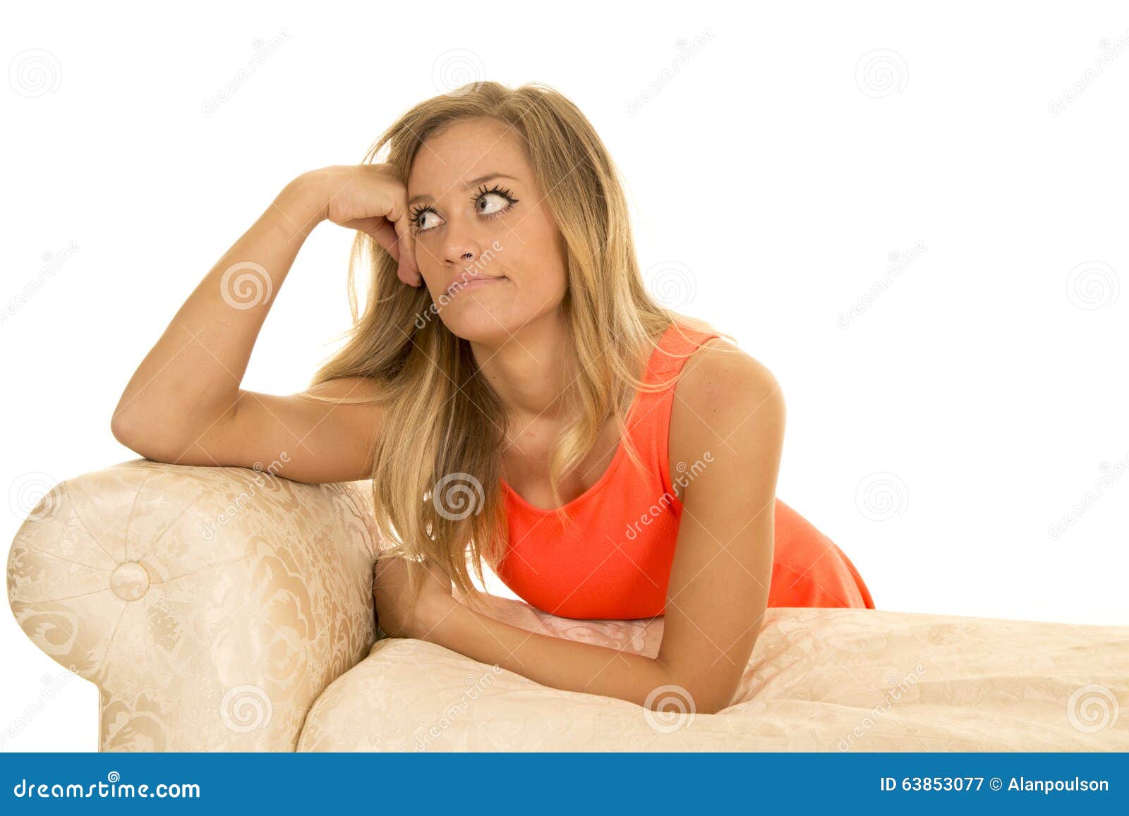 Woman in Red Lean on Sofa Look To Side Stock Image - Image of lady ...