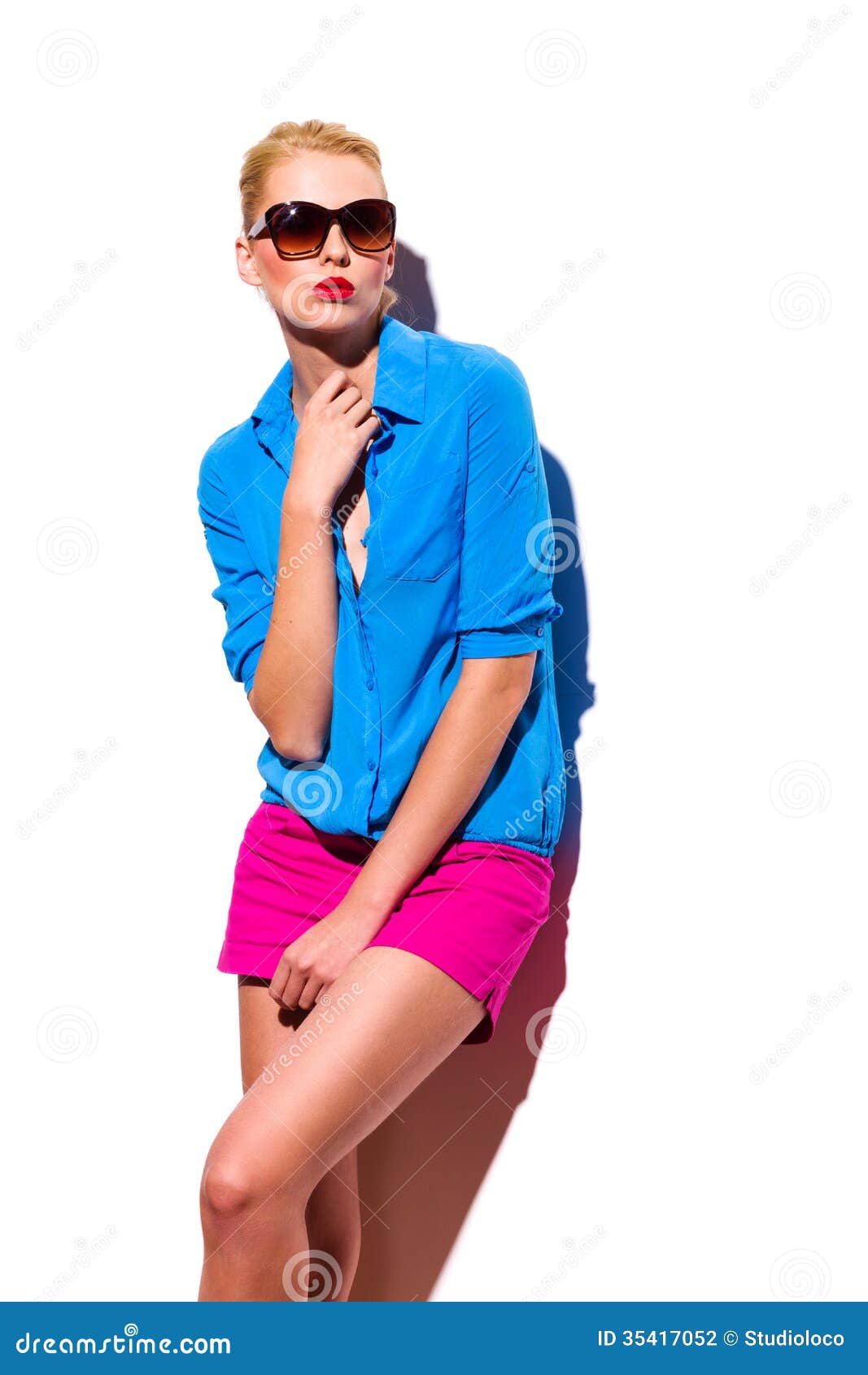 Woman with Red Lips Lean on the Wall. Stock Photo - Image of hand ...