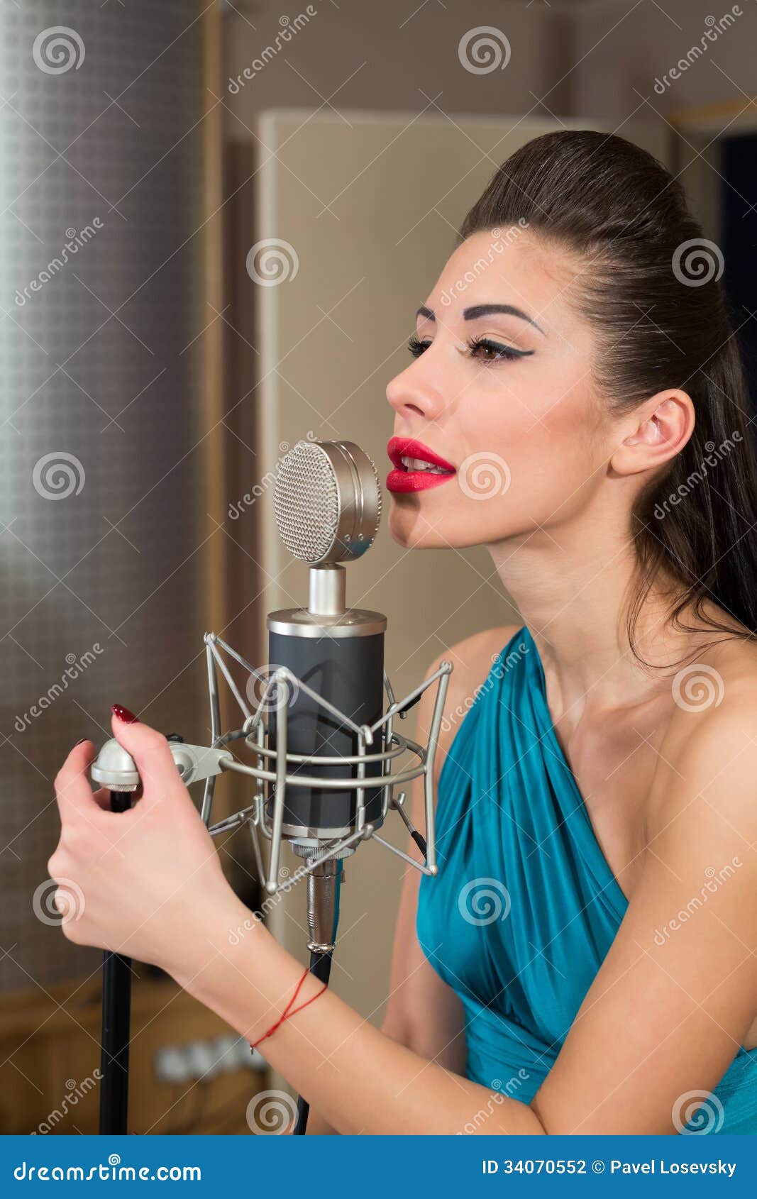 Woman with Red Lips Sing in Room with Microphone Stock Photo - Image of ...