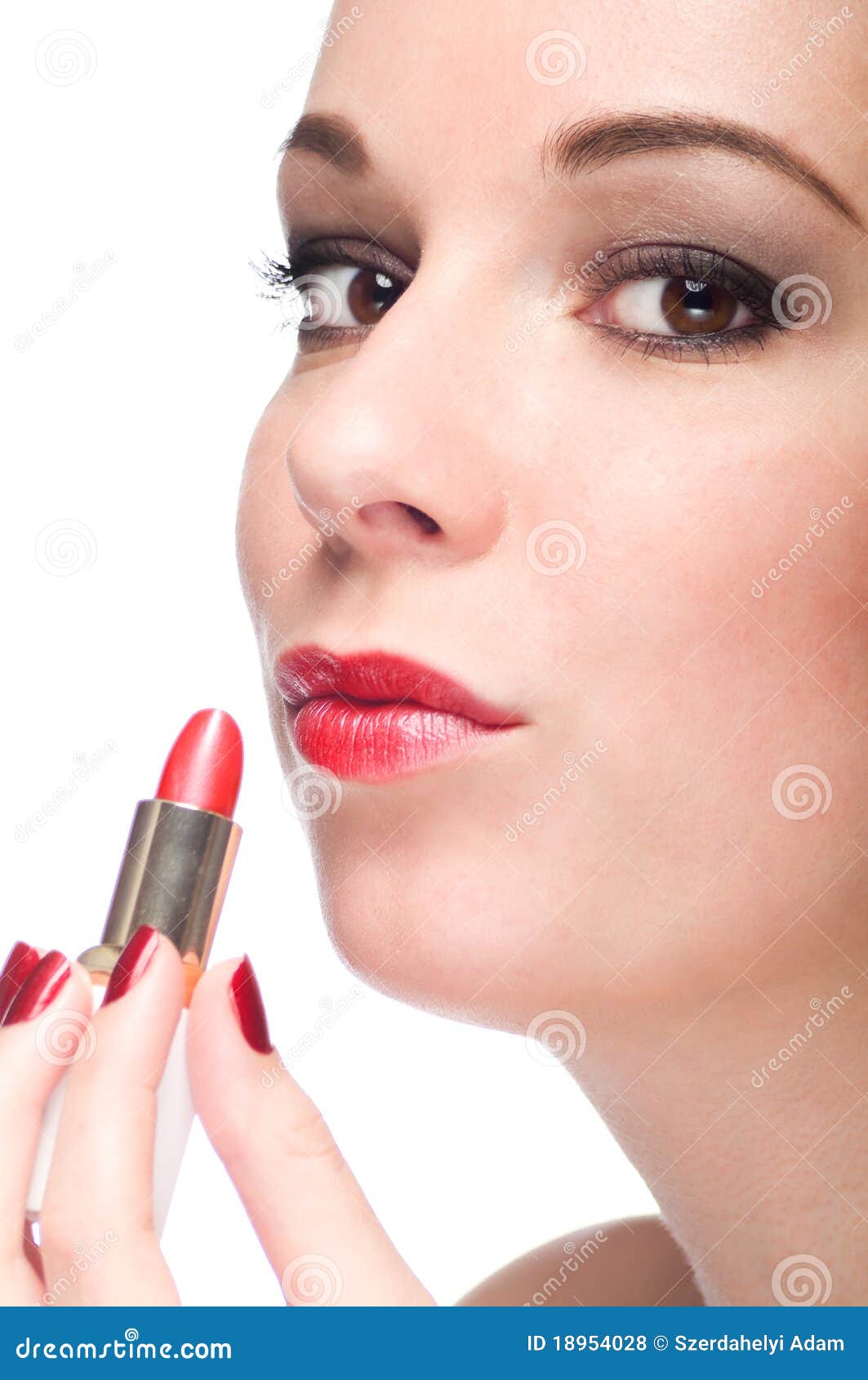 Woman with red lipstick stock photo. Image of brushing - 18954028