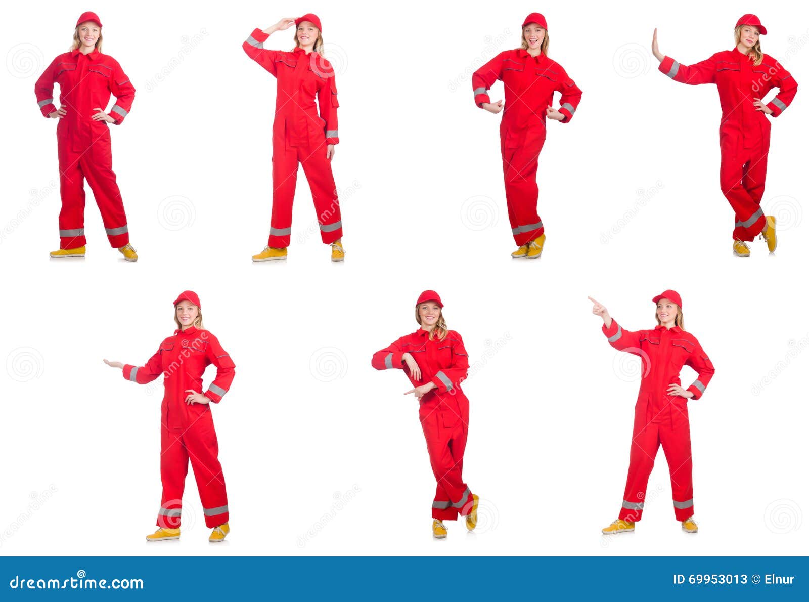 The Woman in Red Overalls Isolated on White Stock Image - Image of ...