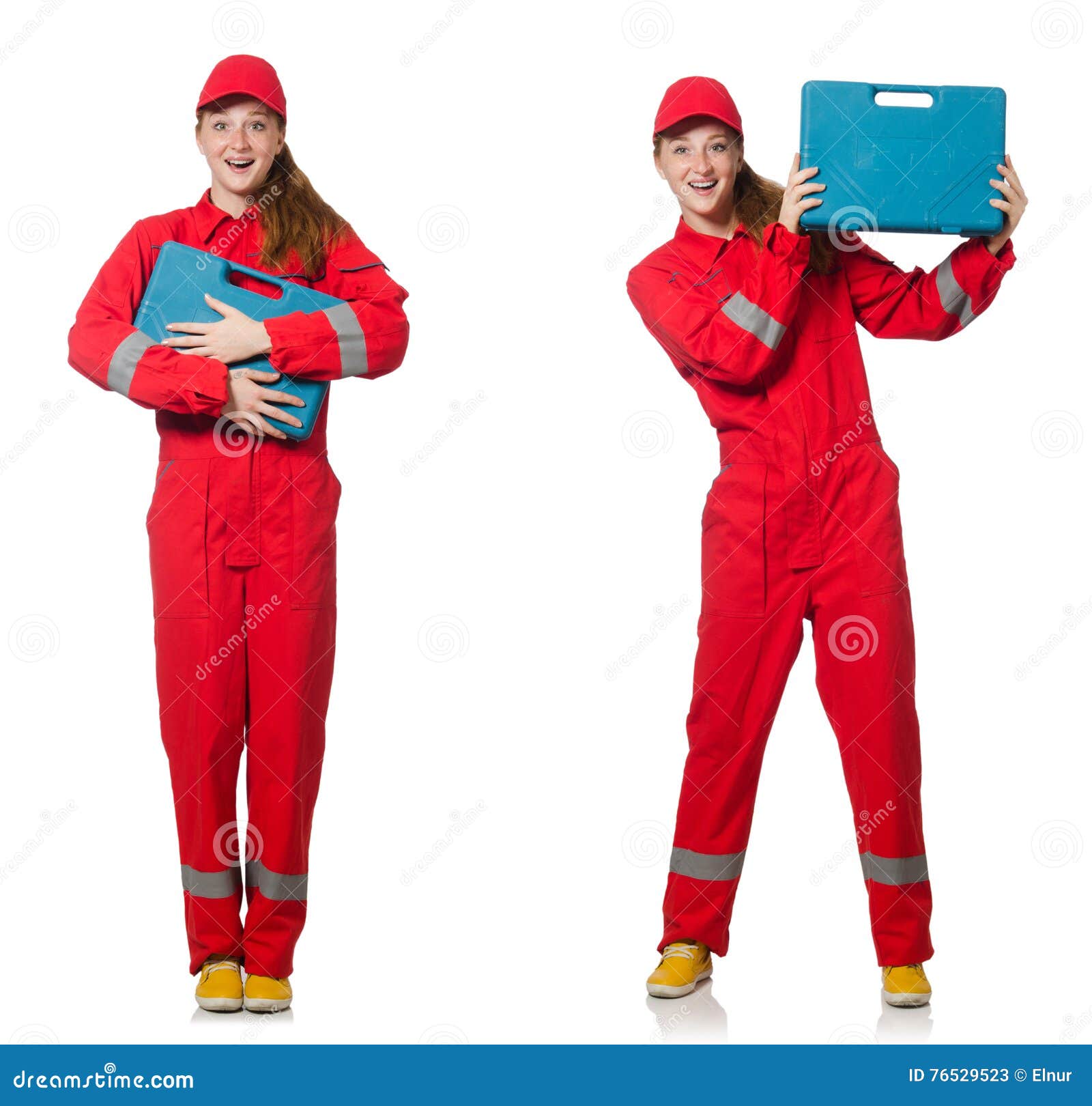 The Woman in Red Overalls Isolated on White Stock Image - Image of ...