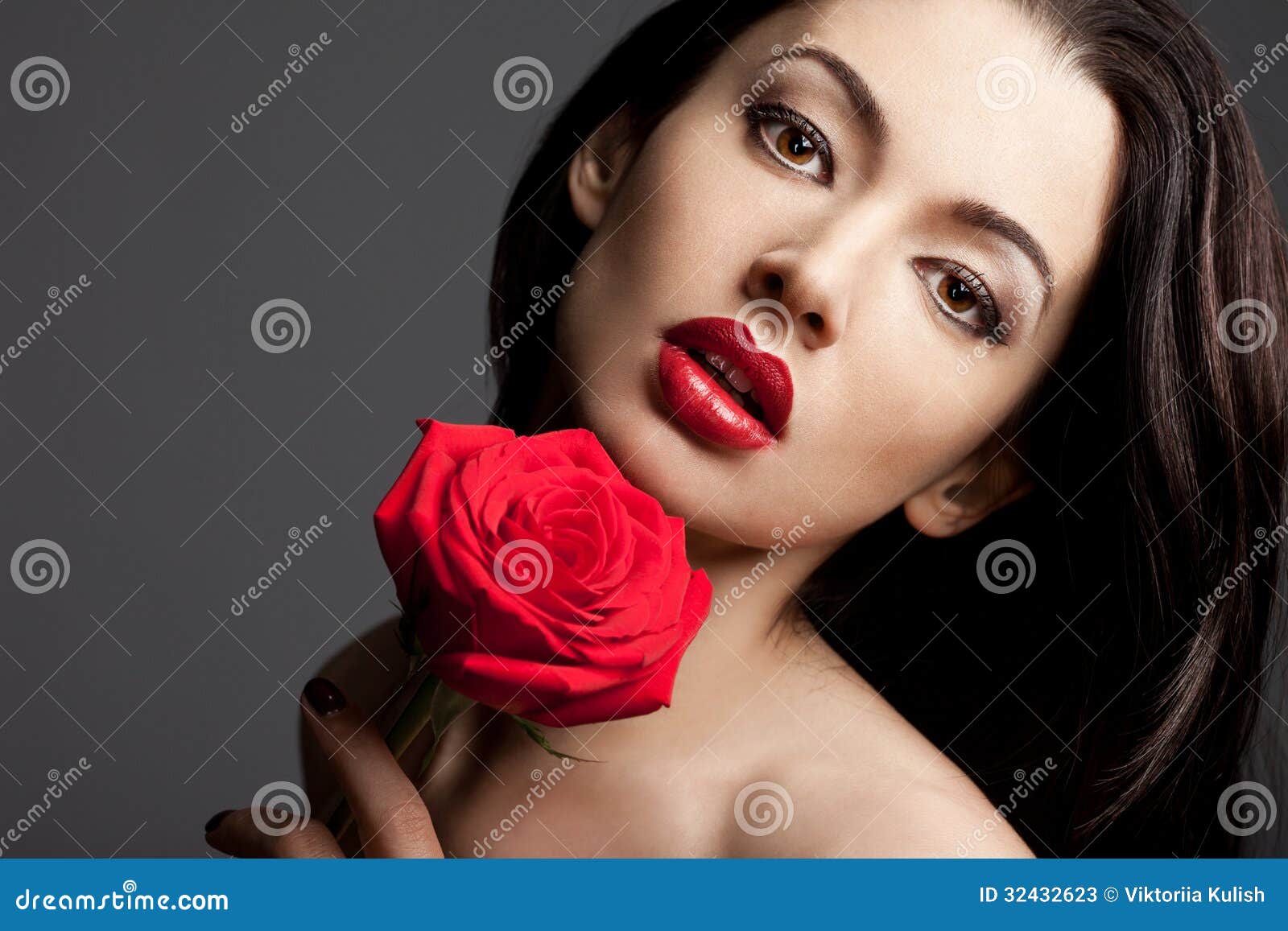 Woman with red rose stock image. Image of flower, lips - 32432623