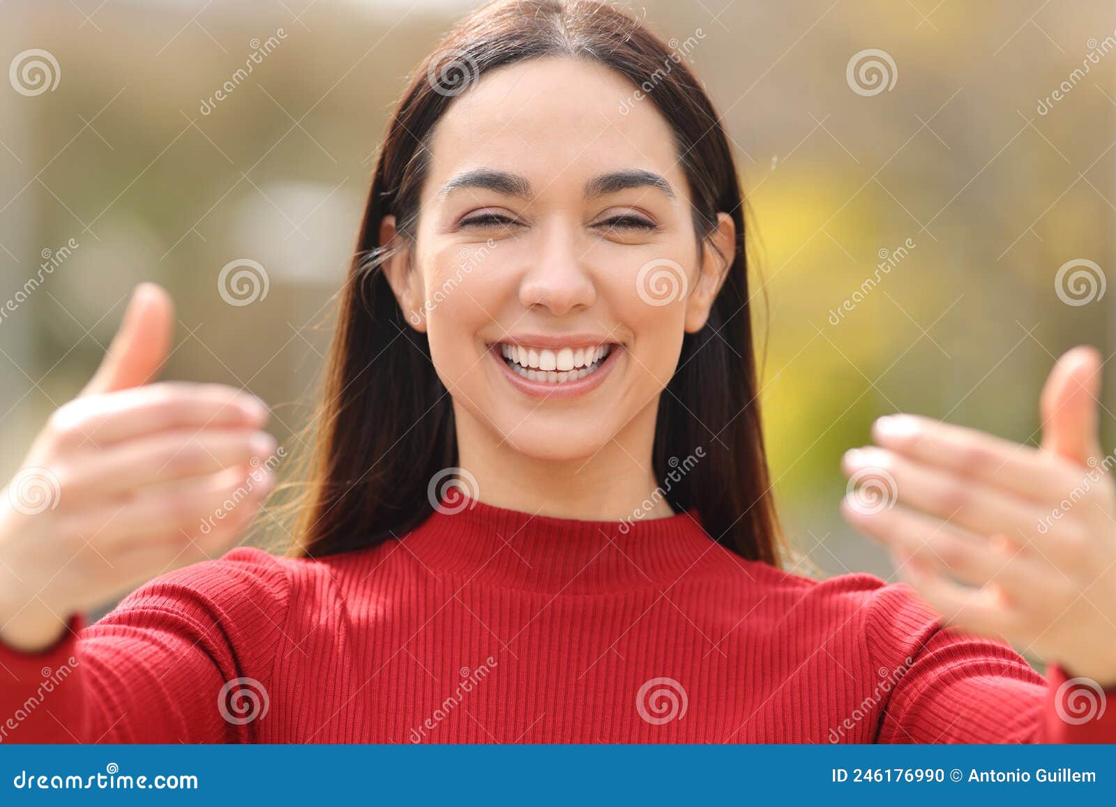Woman in Red Saying Come with Me in a Park Stock Photo - Image of chase ...