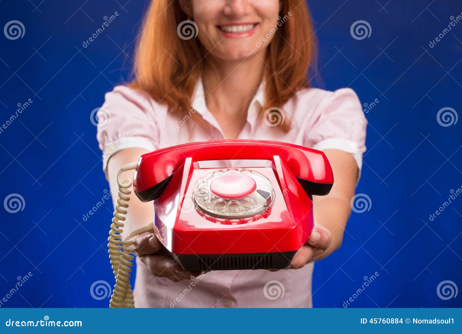 Woman with red telephone stock photo. Image of conversation - 45760884