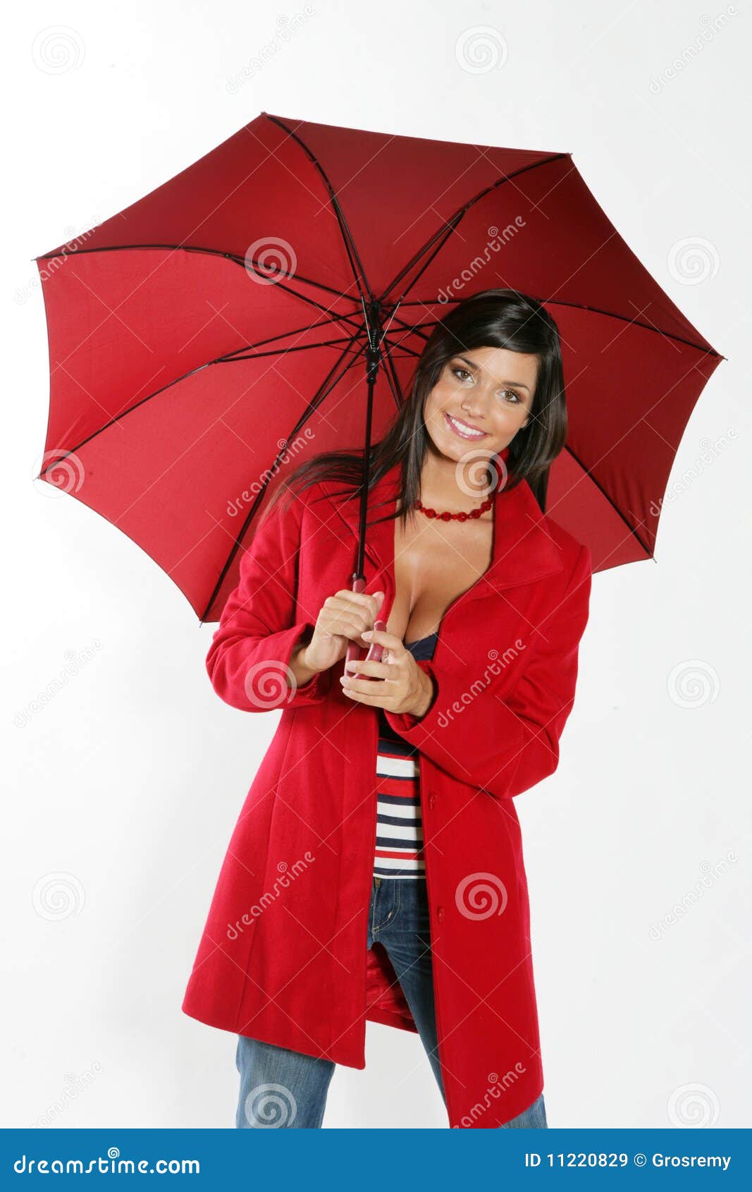 Woman with red umbrella. stock image. Image of coat, face - 11220829
