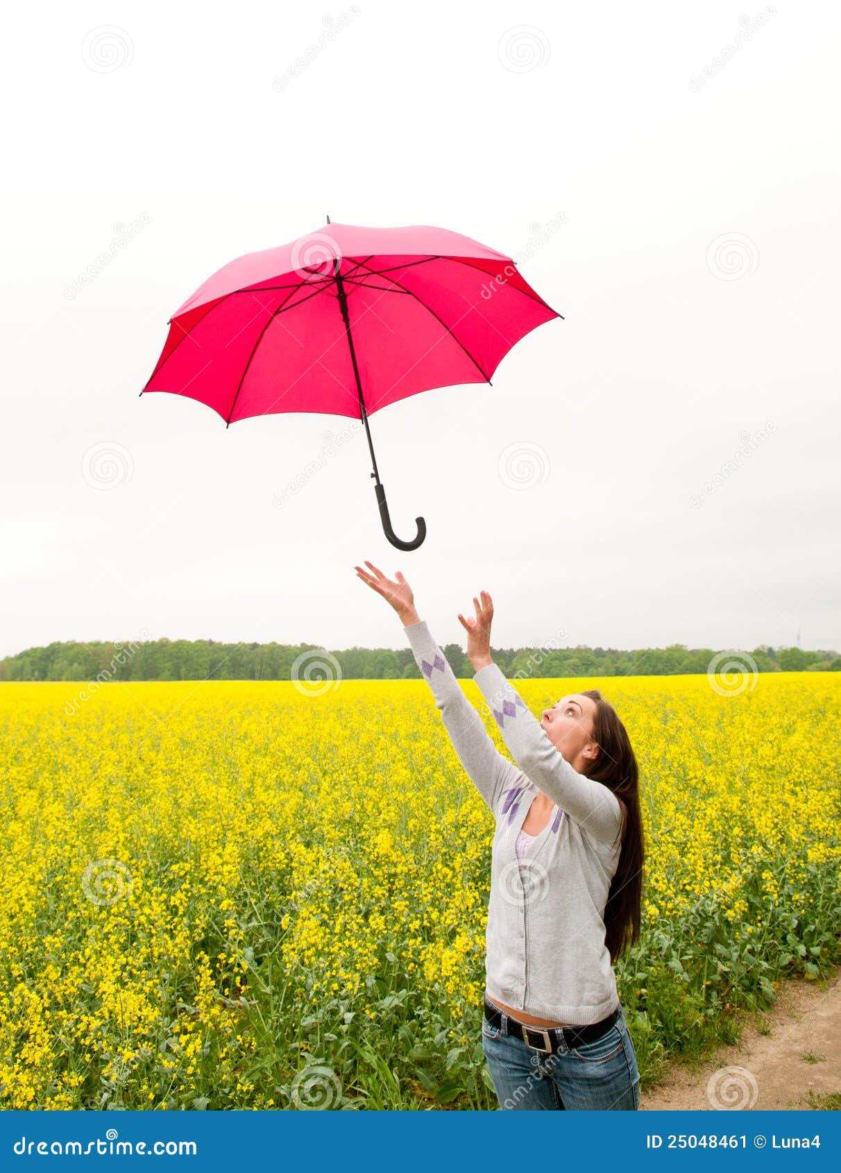 Woman with Red Umbrella in the Wind Stock Image - Image of throwing ...