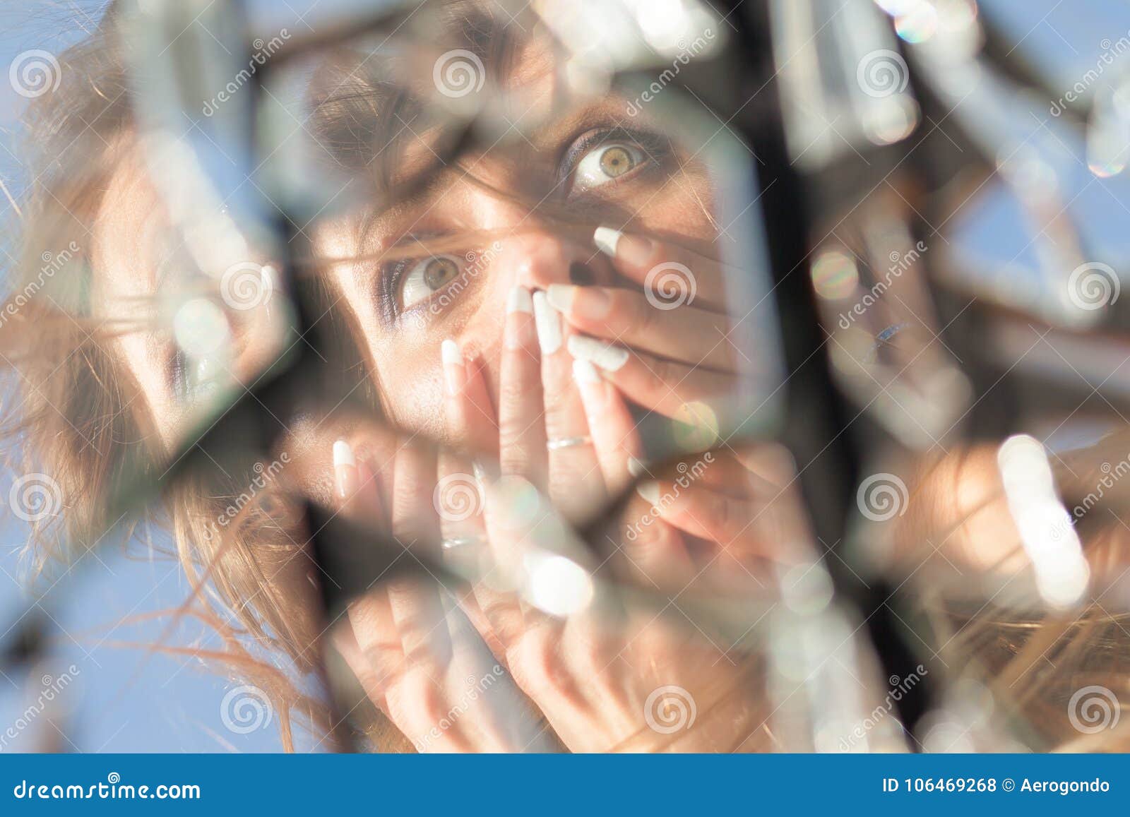 Woman Reflection in Broken Mirror Stock Photo - Image of horror ...