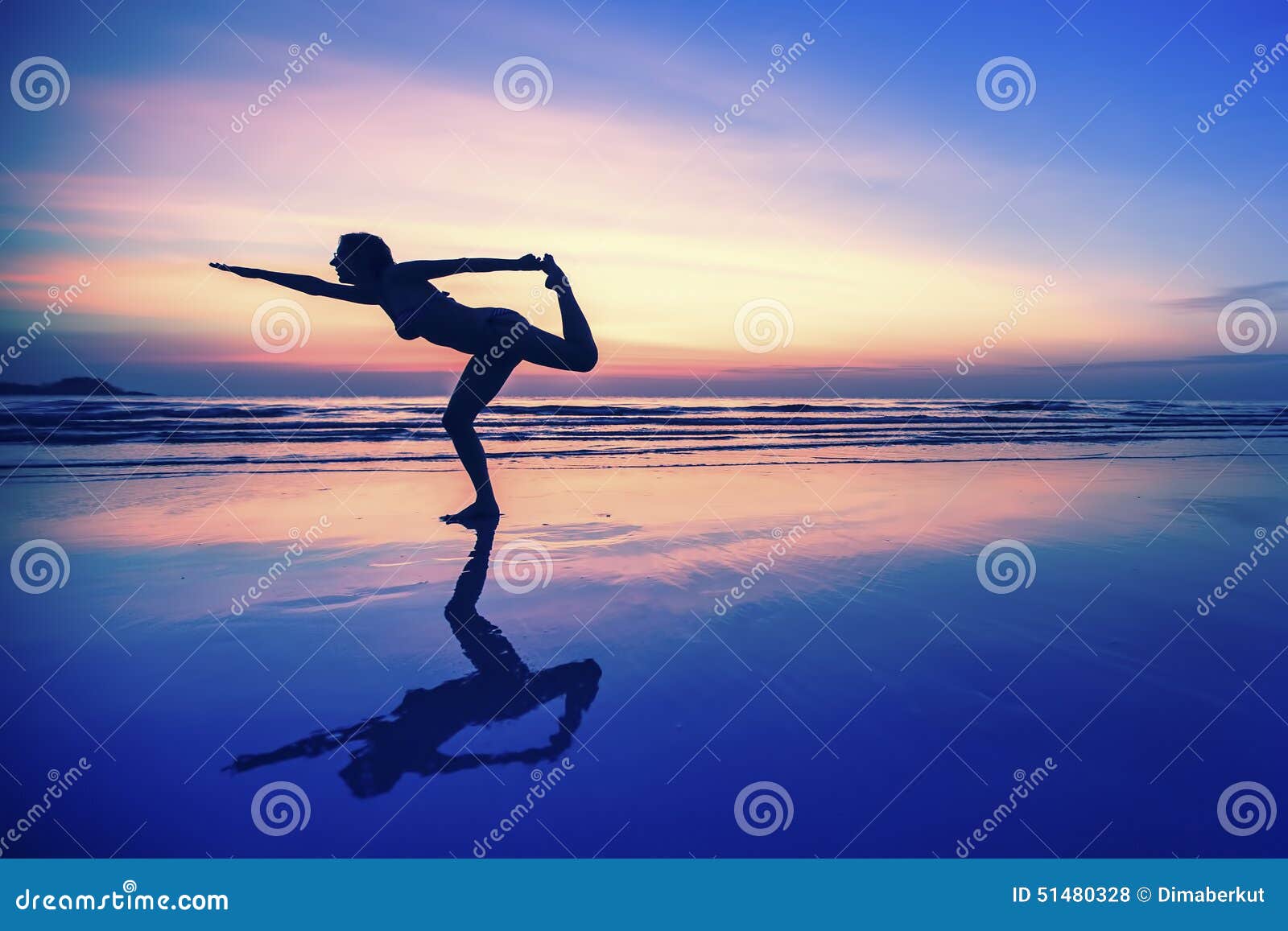 Woman with Reflection, Doing Exercises on the Beach during Sunset ...