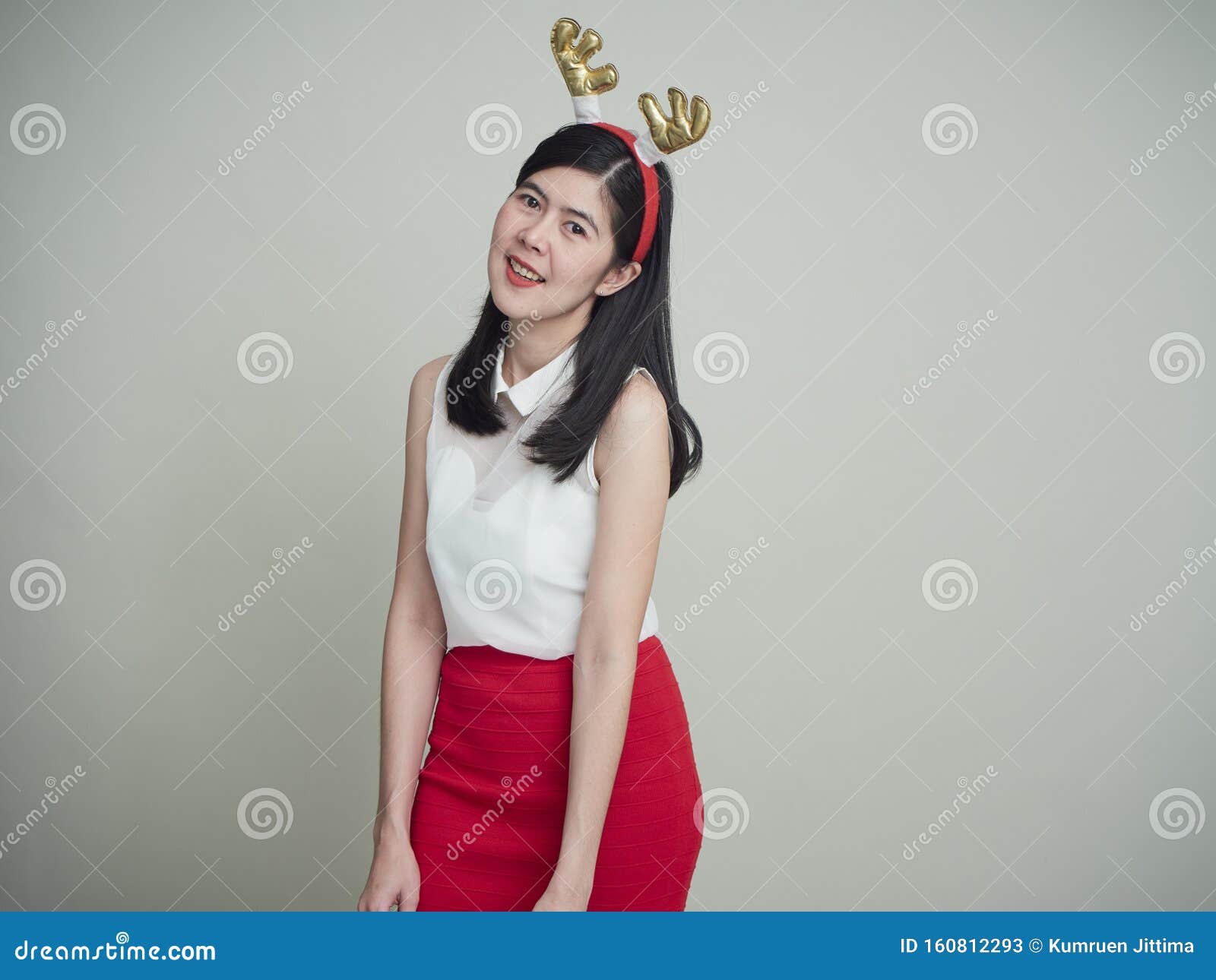 Woman With Reindeer Headband In Christmas Day Stock Image Image Of
