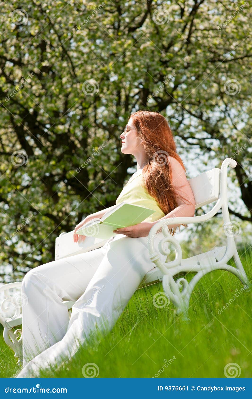 Woman Relax Under Blossom Tree in Summer Stock Image - Image of book ...
