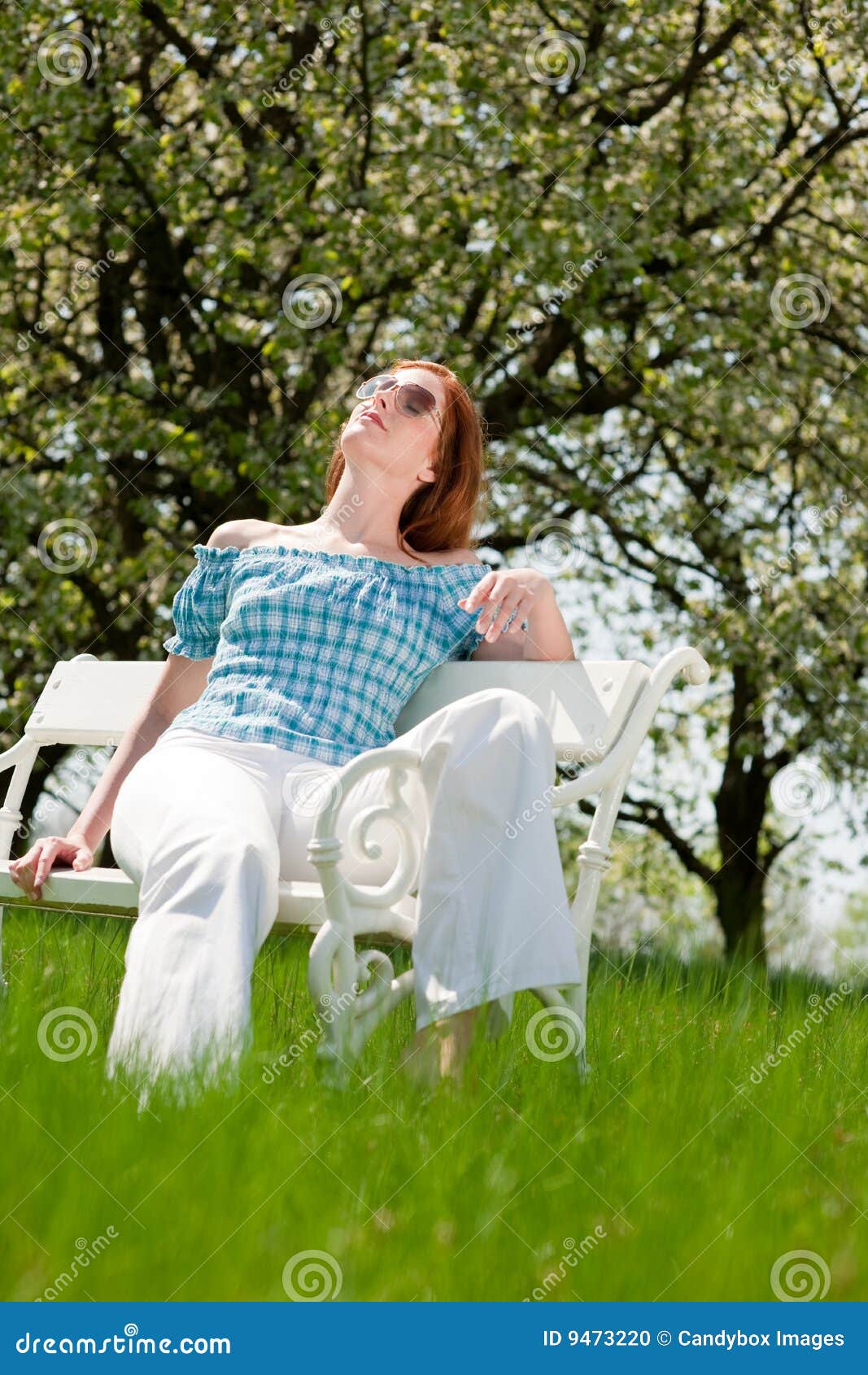Woman Relax Under Blossom Tree in Summer Stock Photo - Image of ...