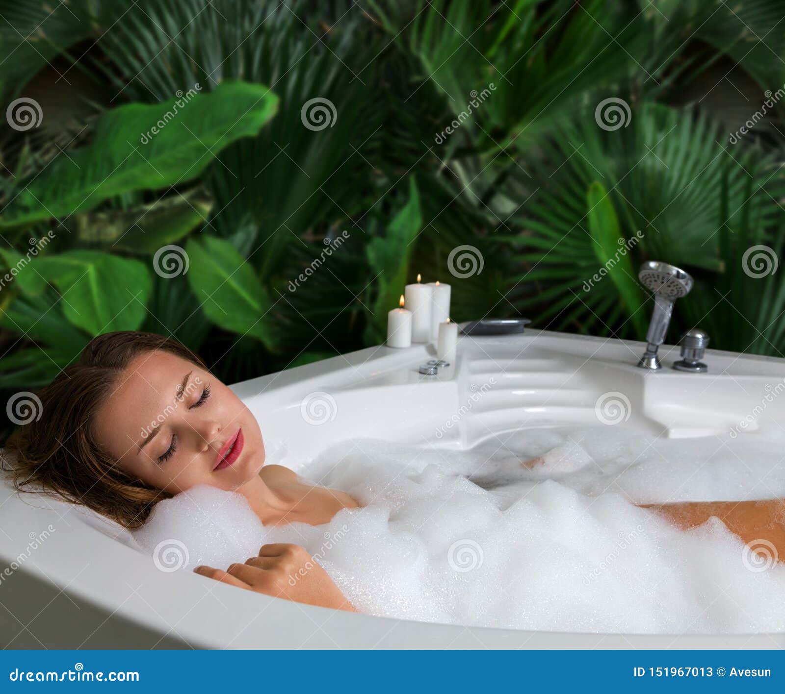 A Woman Relaxes In Hot Bath Tub With Soap Foam Stock Image Image Of