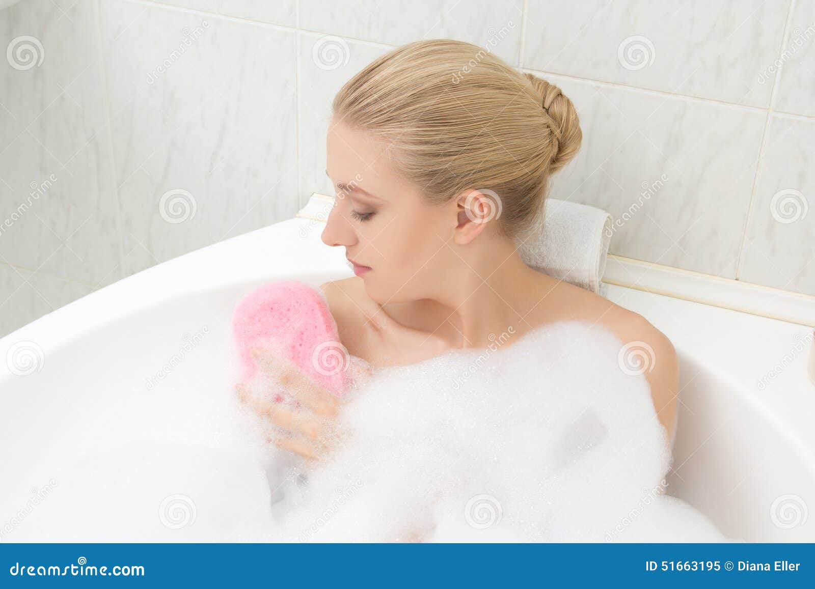 Woman Relaxing in Bath and Washing Herself Stock Image - Image of girl ...