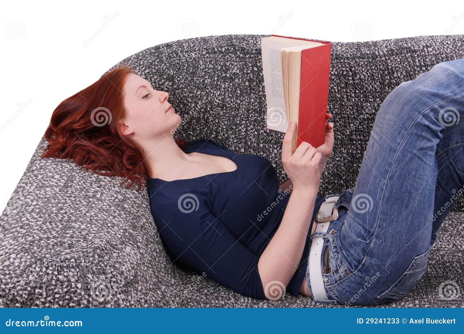 Woman Relaxing with Book on Couch Stock Image - Image of isolated ...
